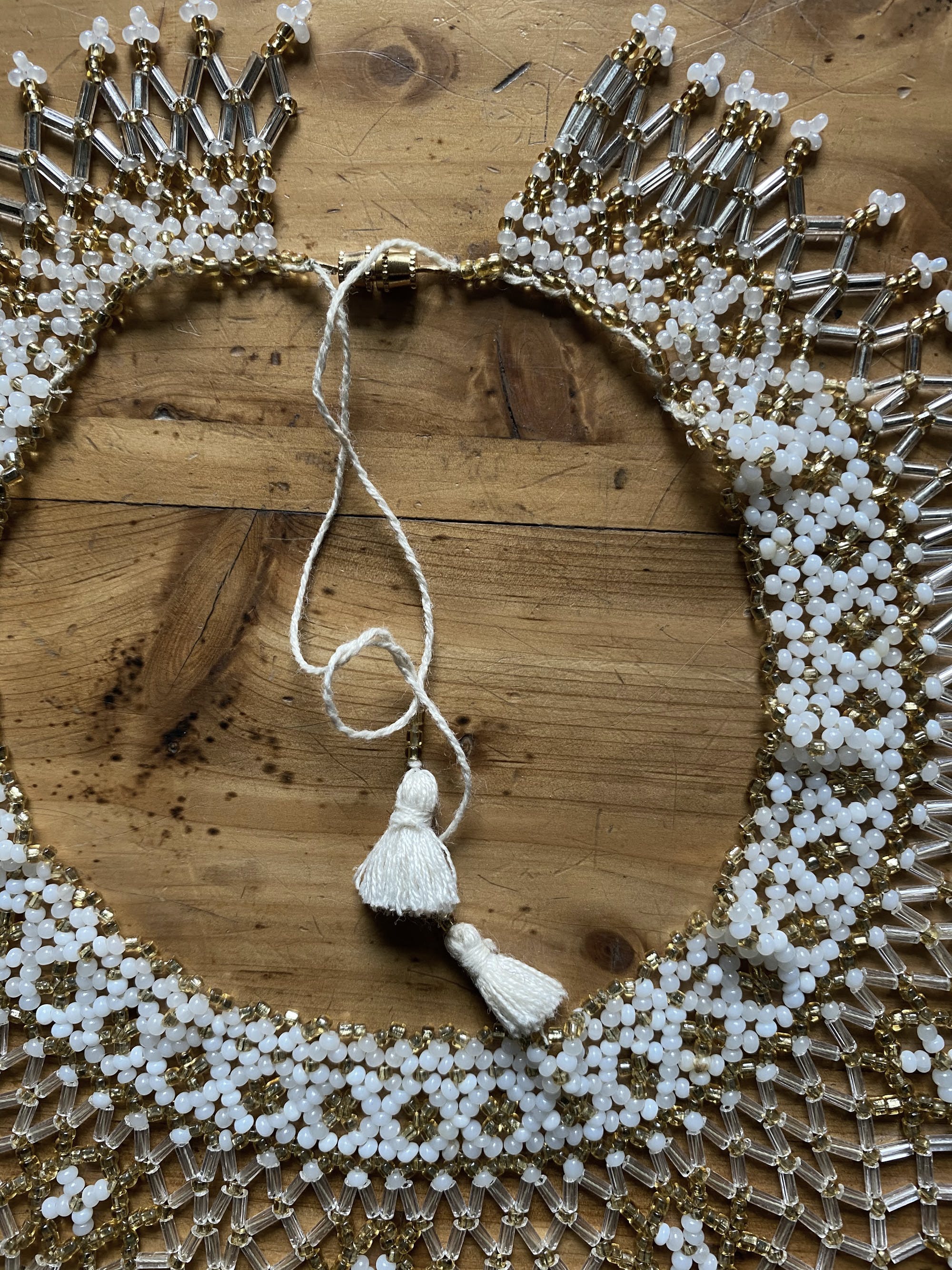 Vintage 80's White and Gold Beadwork Collar Necklace | Shop THRILLING
