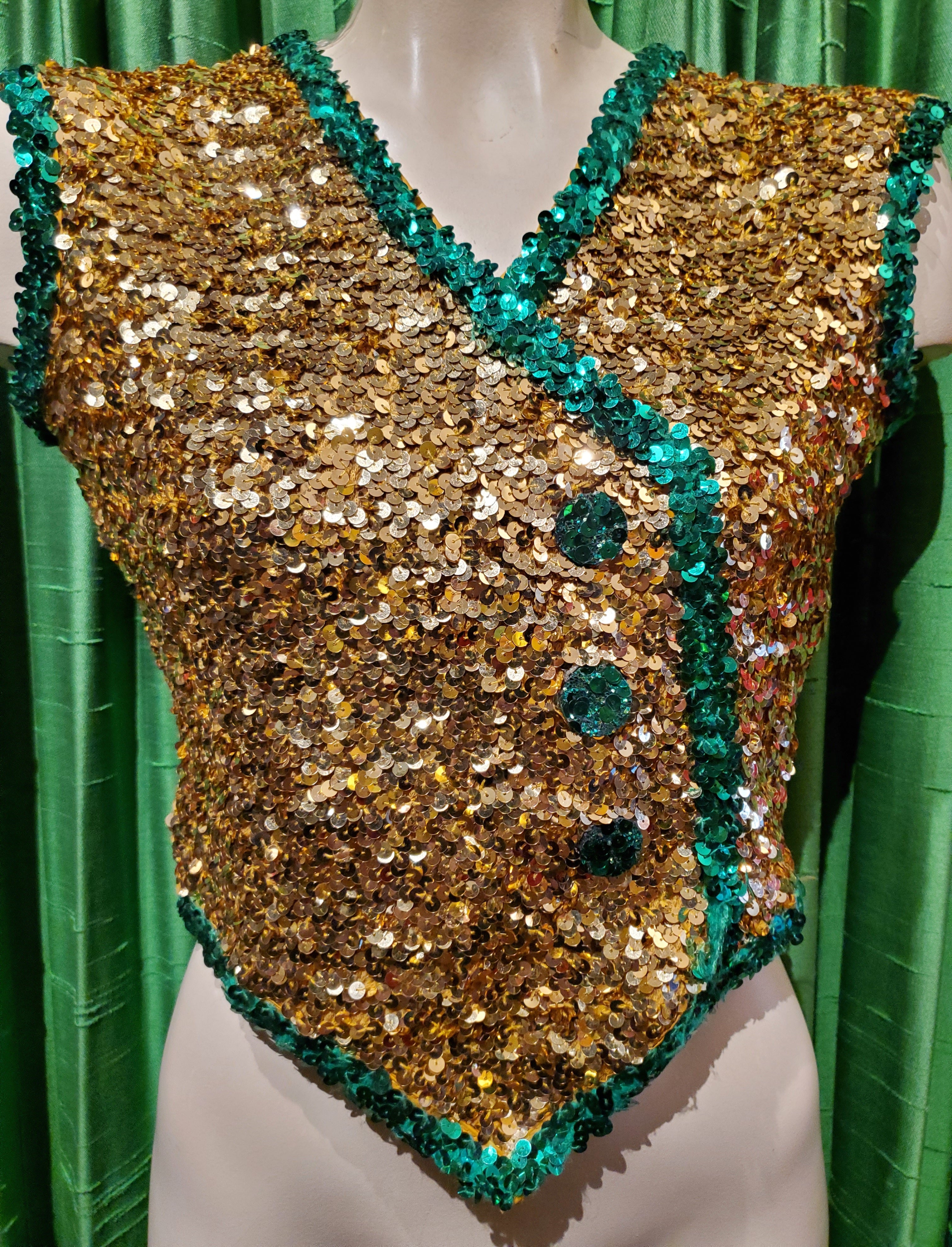 Vintage 70s/80s Gold And Green Sequin Costume Top By Aegy | Shop THRILLING