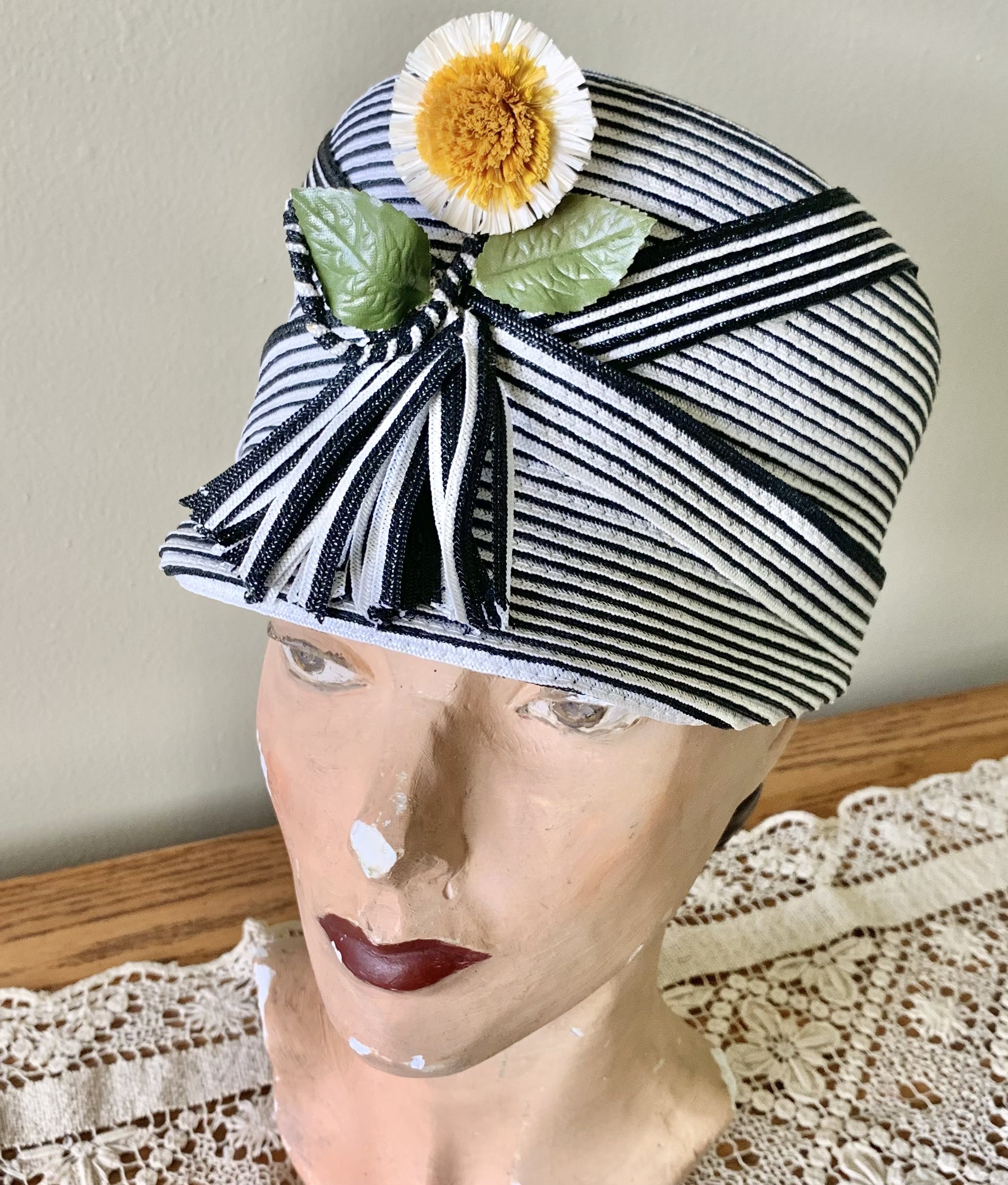 Vintage 60's Daisy Detail Black and White Woven Cap by Jack Mcconnell ...