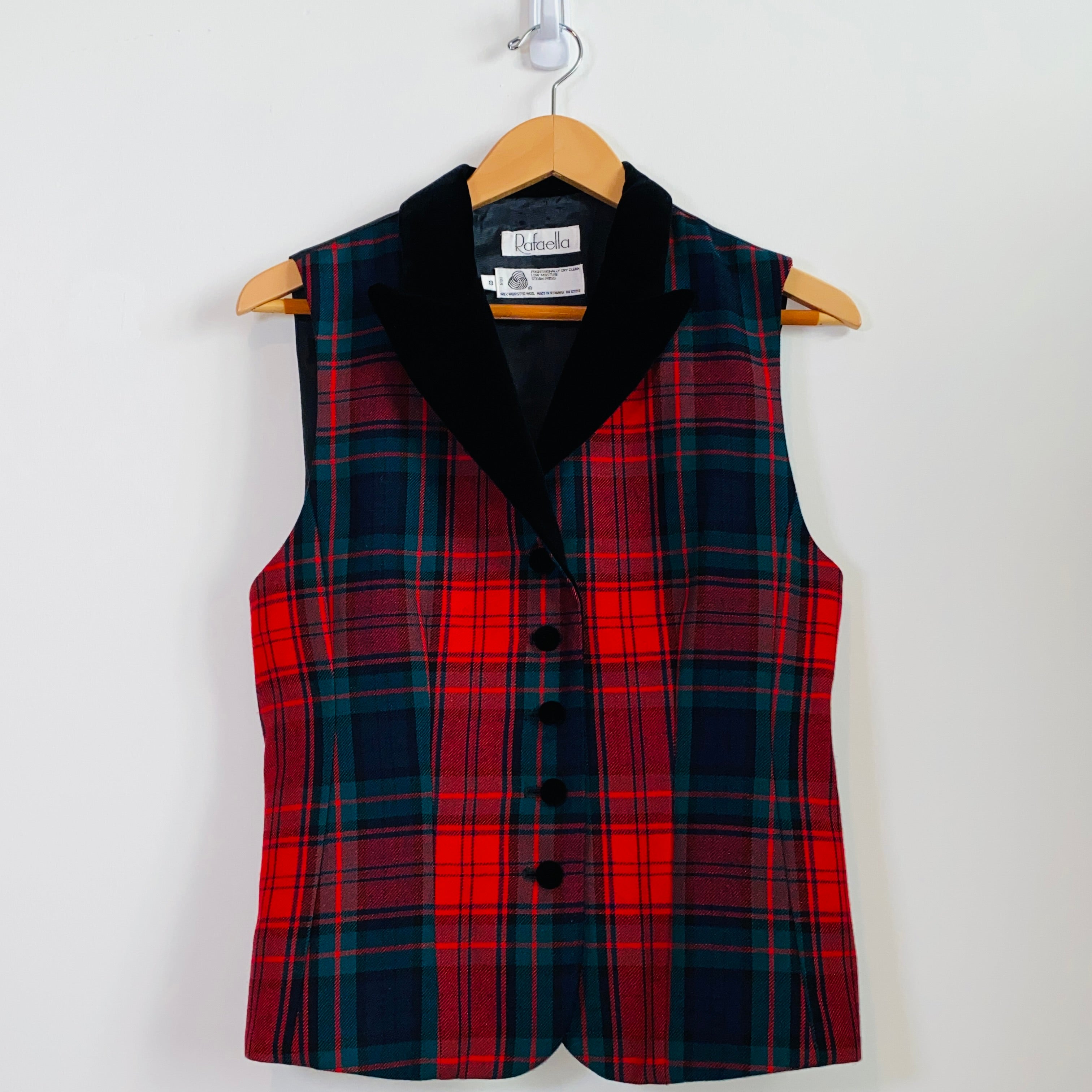 Vintage 80s/90s Red Tartan Plaid Vest With Velvet Lapel By Rafaella ...