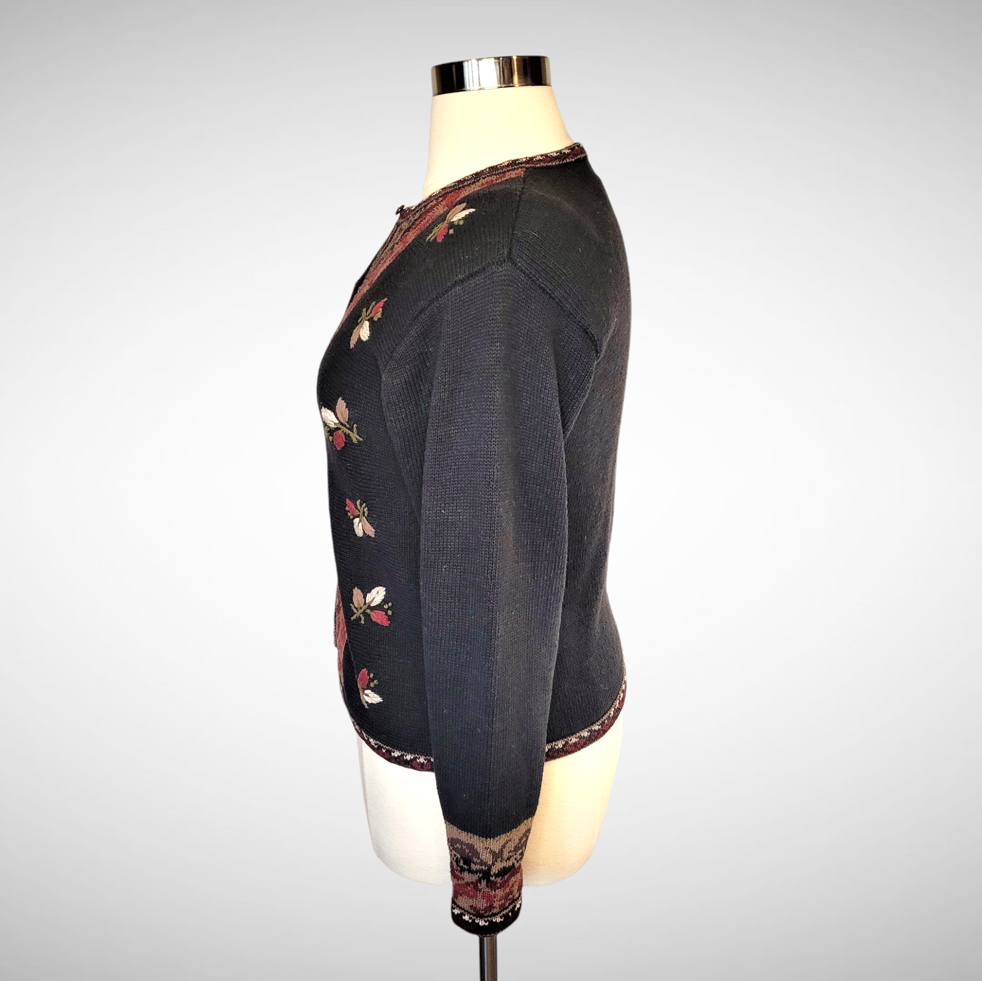 Vintage 80s/90s Black Brown Maroon Floral Folk Art Cardigan By Paul ...