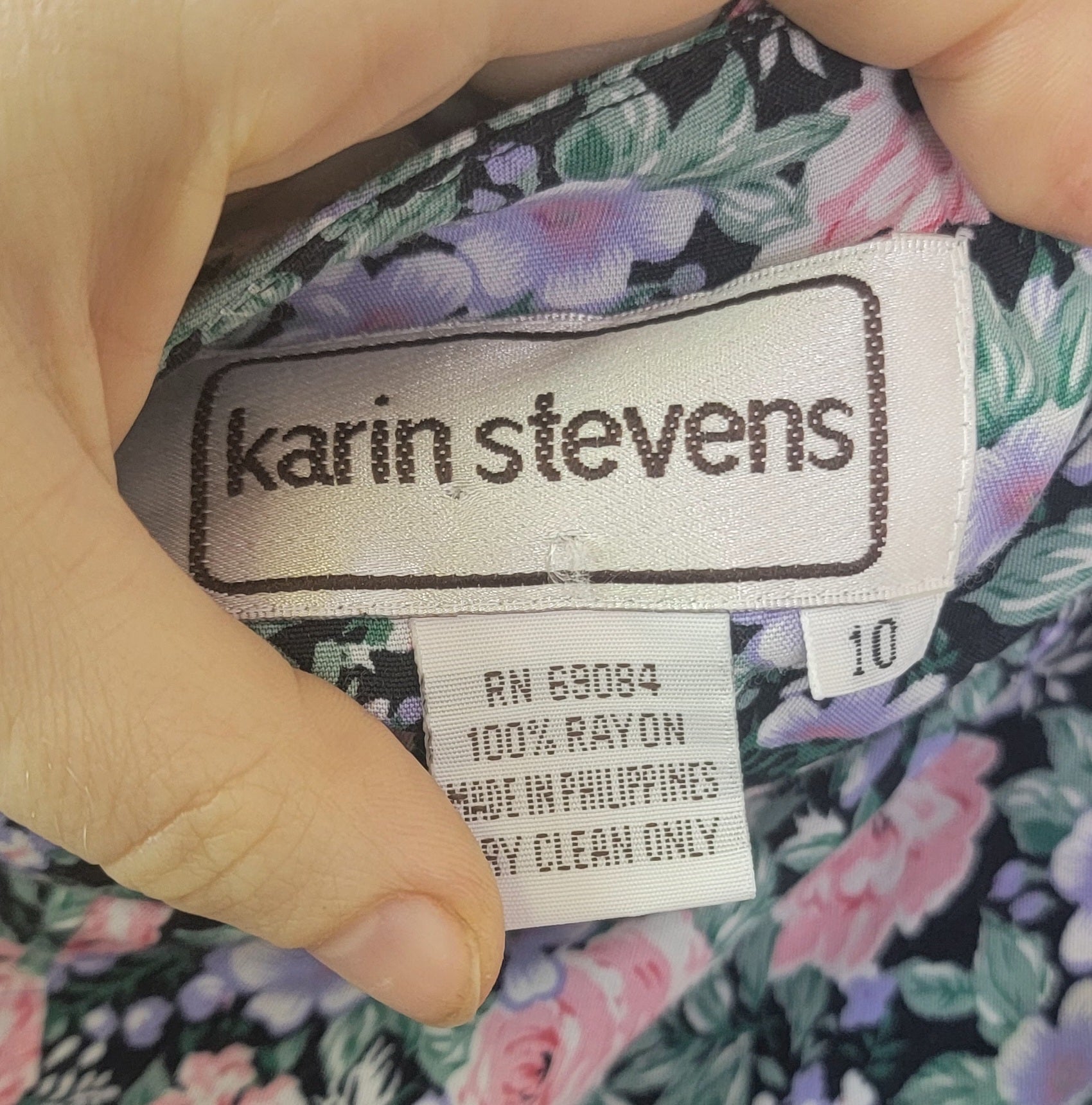 Vintage 80s/90s Black Pastel Floral Rayon Dress Fit N Flare By Karin ...
