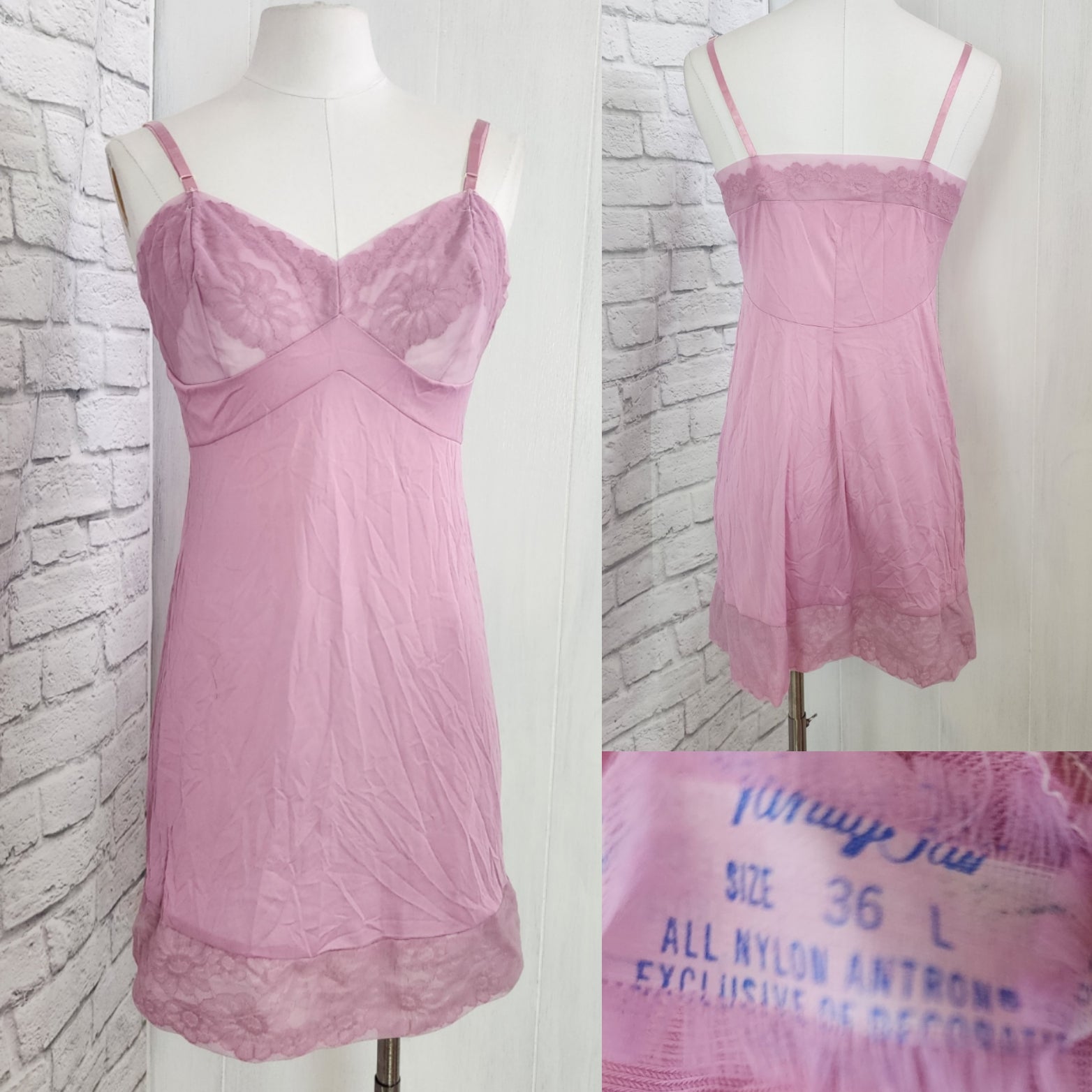 Vintage 60s/70s Lace Bell Sleeve Mini Dress Pink Slip Set By ...