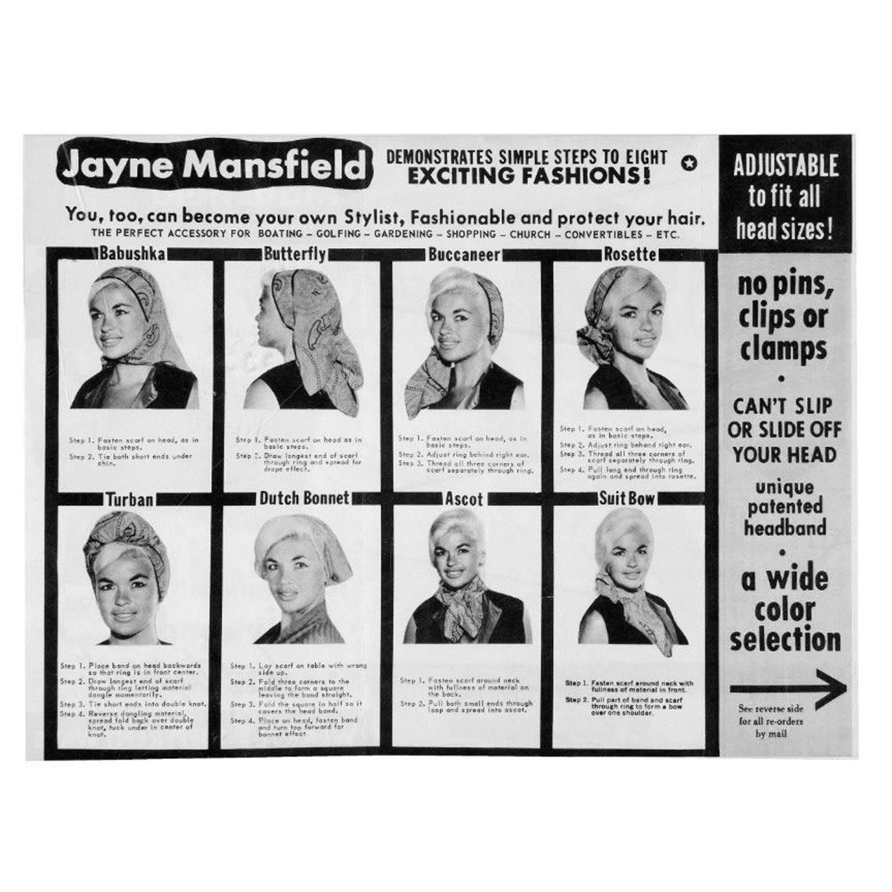 Vintage 50s Versatile Black Retro Head Wrap Scarf By Hollywood Hed ...