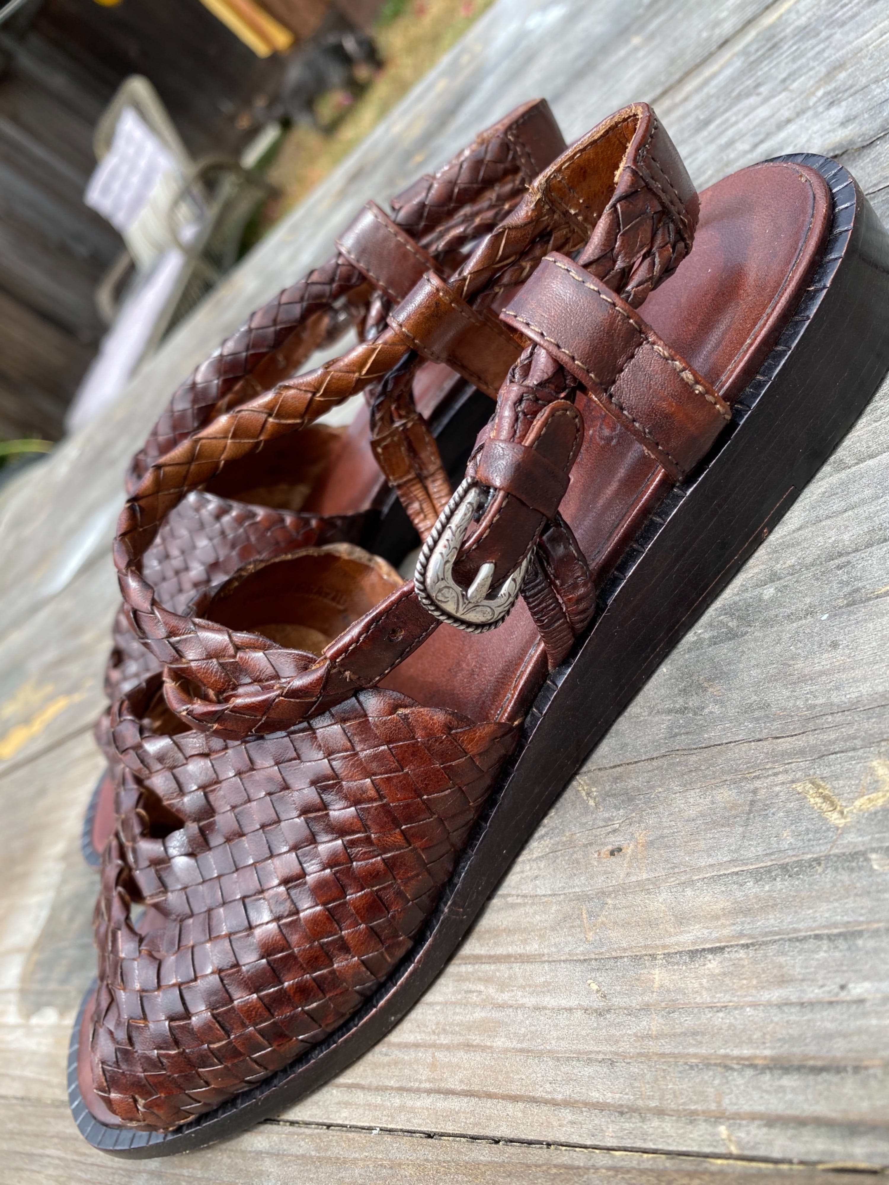 Vintage Brown Leather Weaved Sandals with Silver Buckle by Brighton ...
