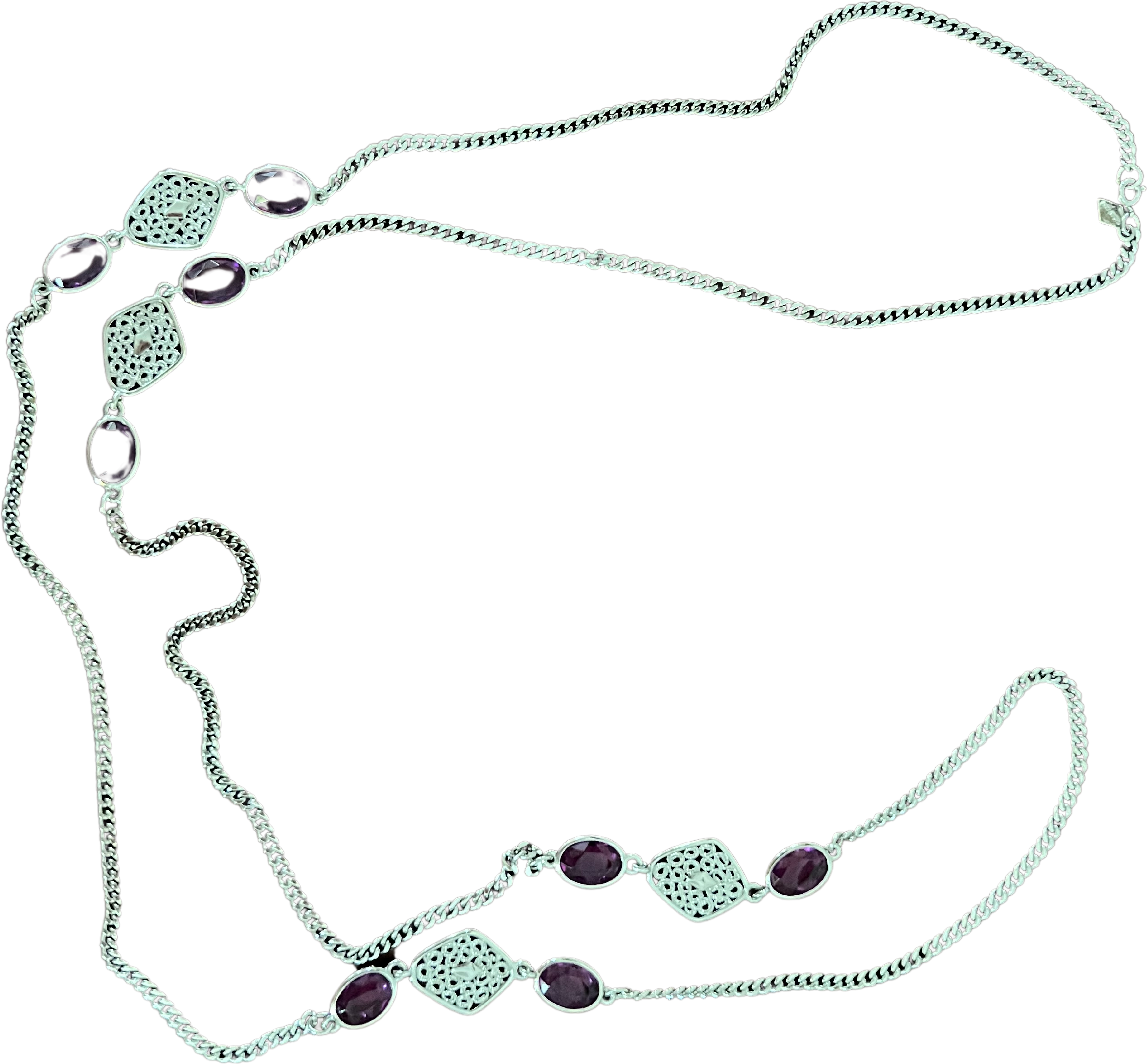 Vintage 60s/70s Extra Long Silver Chain With Purple Stones By Sarah ...