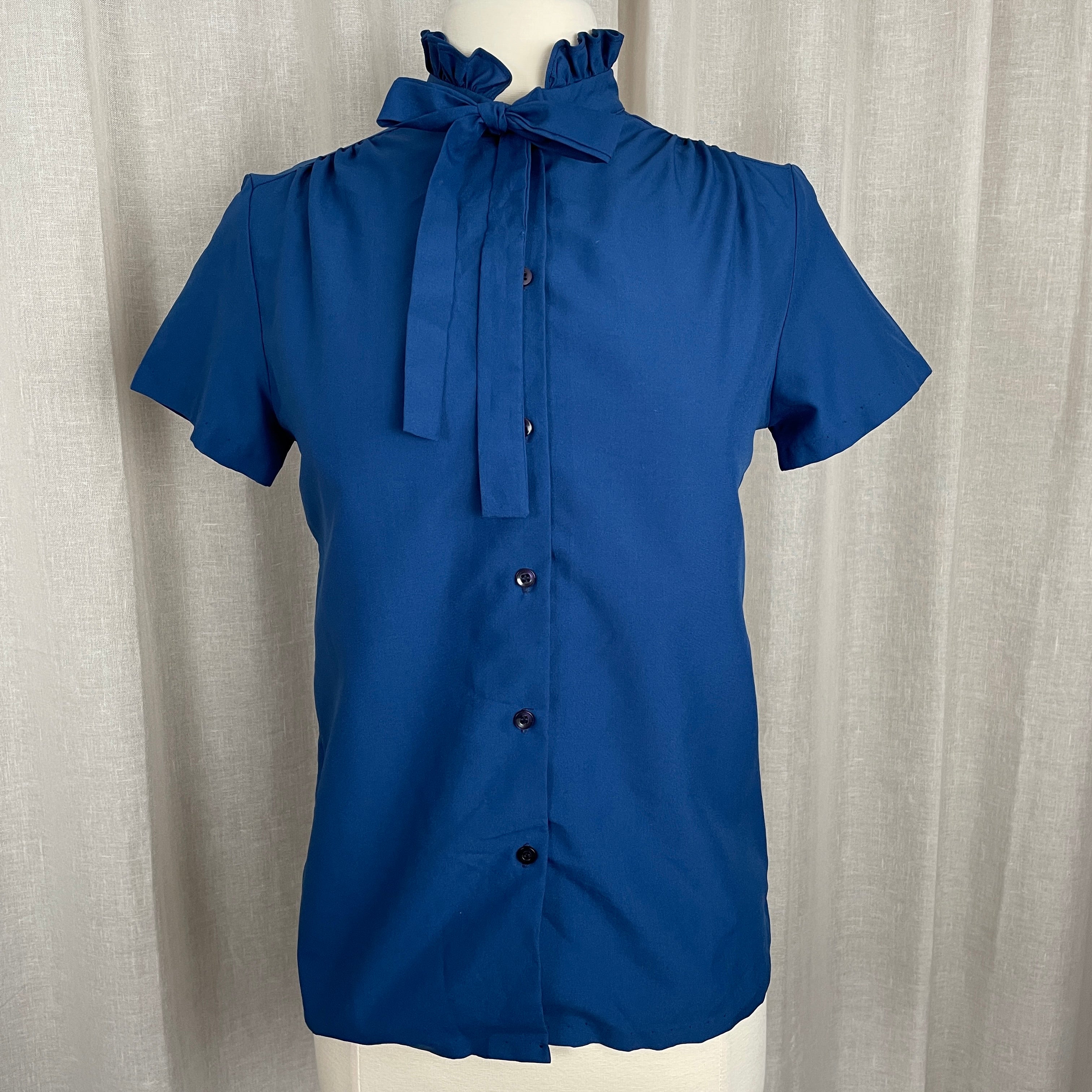 Vintage 70s/80s Top Size 10 Navy Blue Ruffle Bow Collar Blouse By Lucky ...