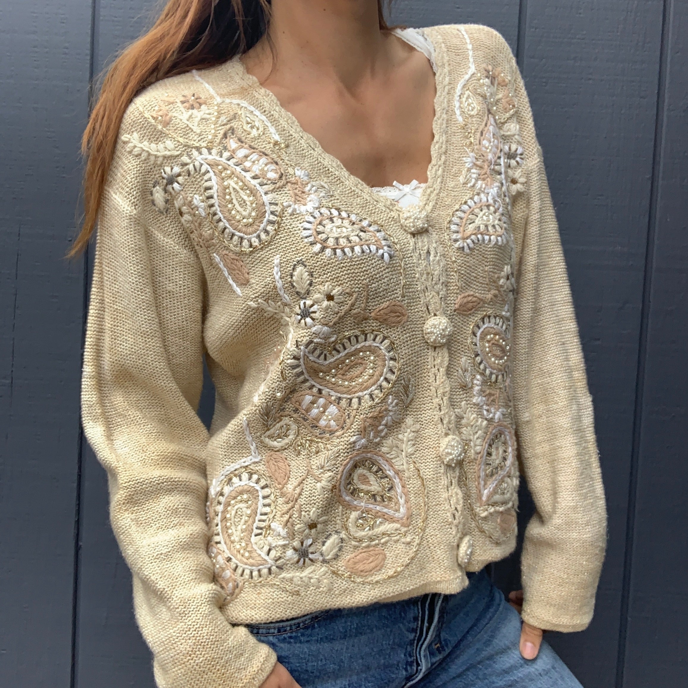 Vintage 80s/90s Embroidered Pearl And Paisley Cardigan By Casual Corner ...