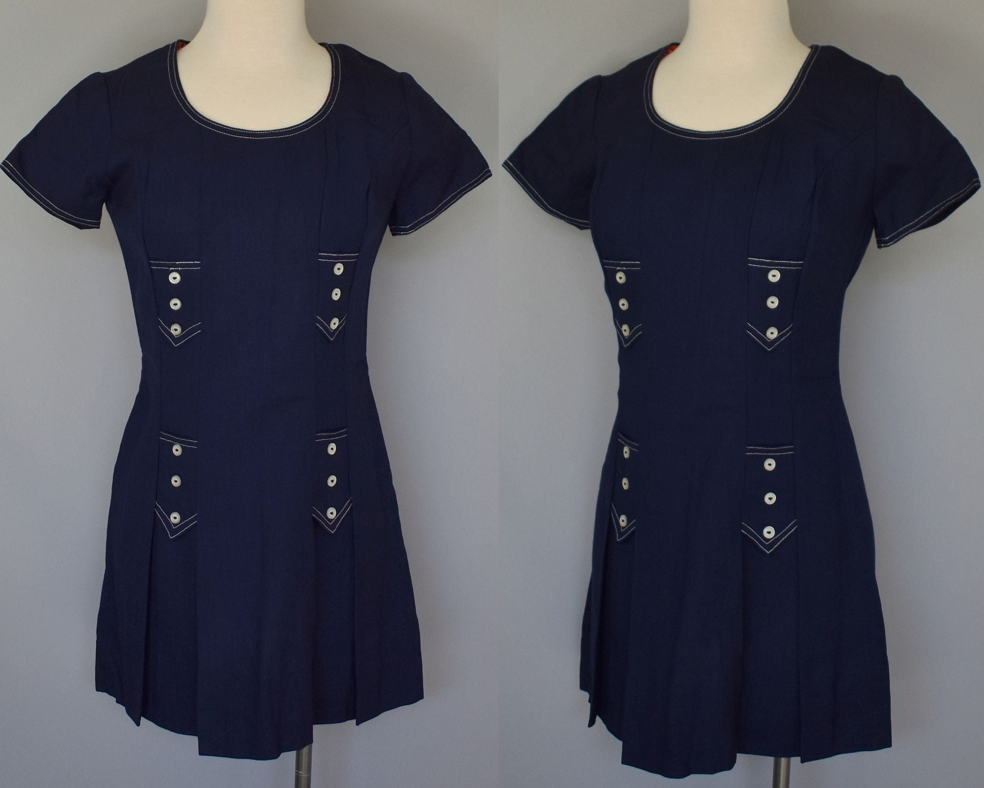 Vintage 70s Navy Blue Mini Dress Novelty Pocket Button Detail By Lala ...