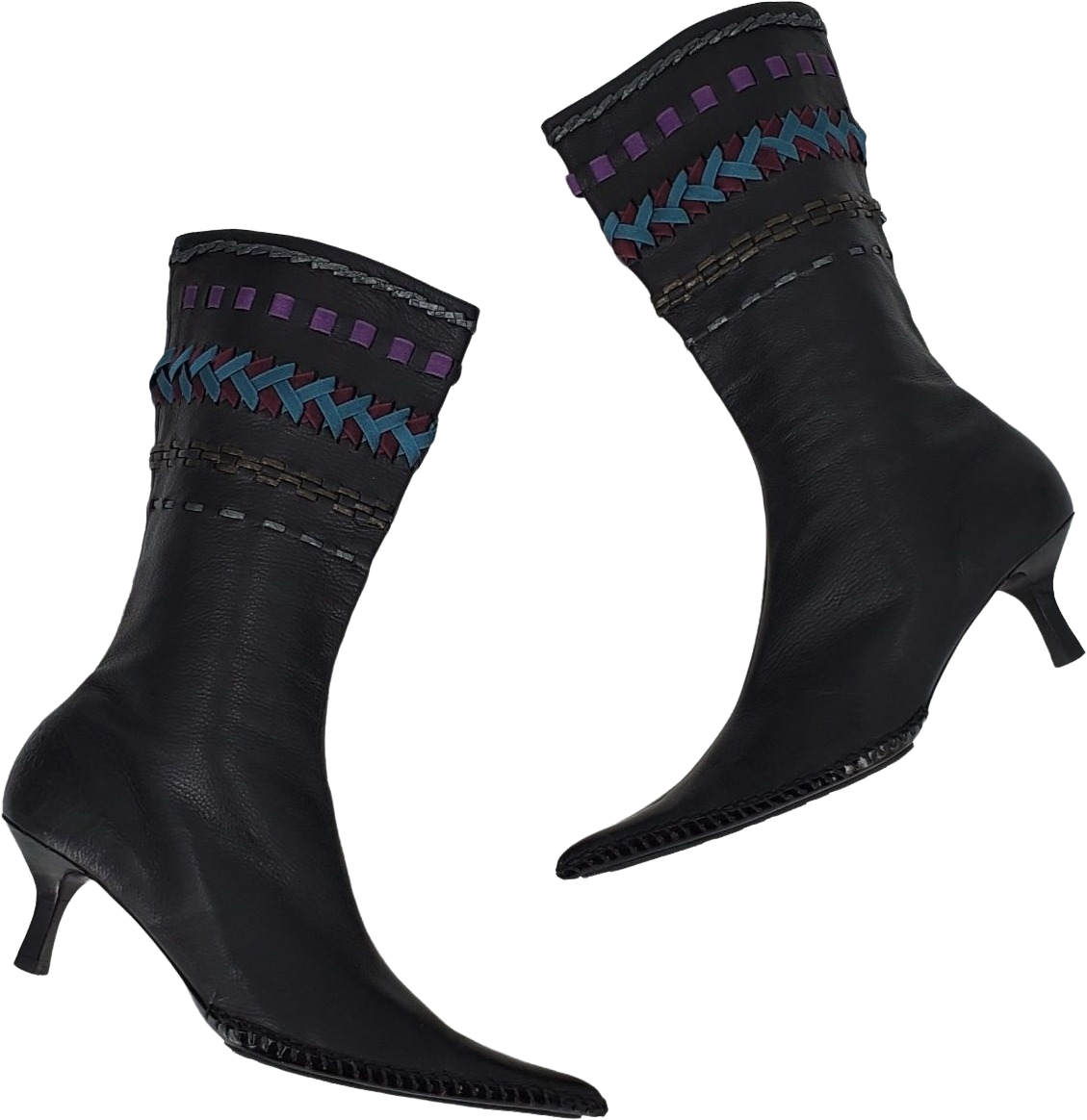 Vintage 90s Black Leather Mid Calf Point Toe Kitten Heel Boots By Nine ...