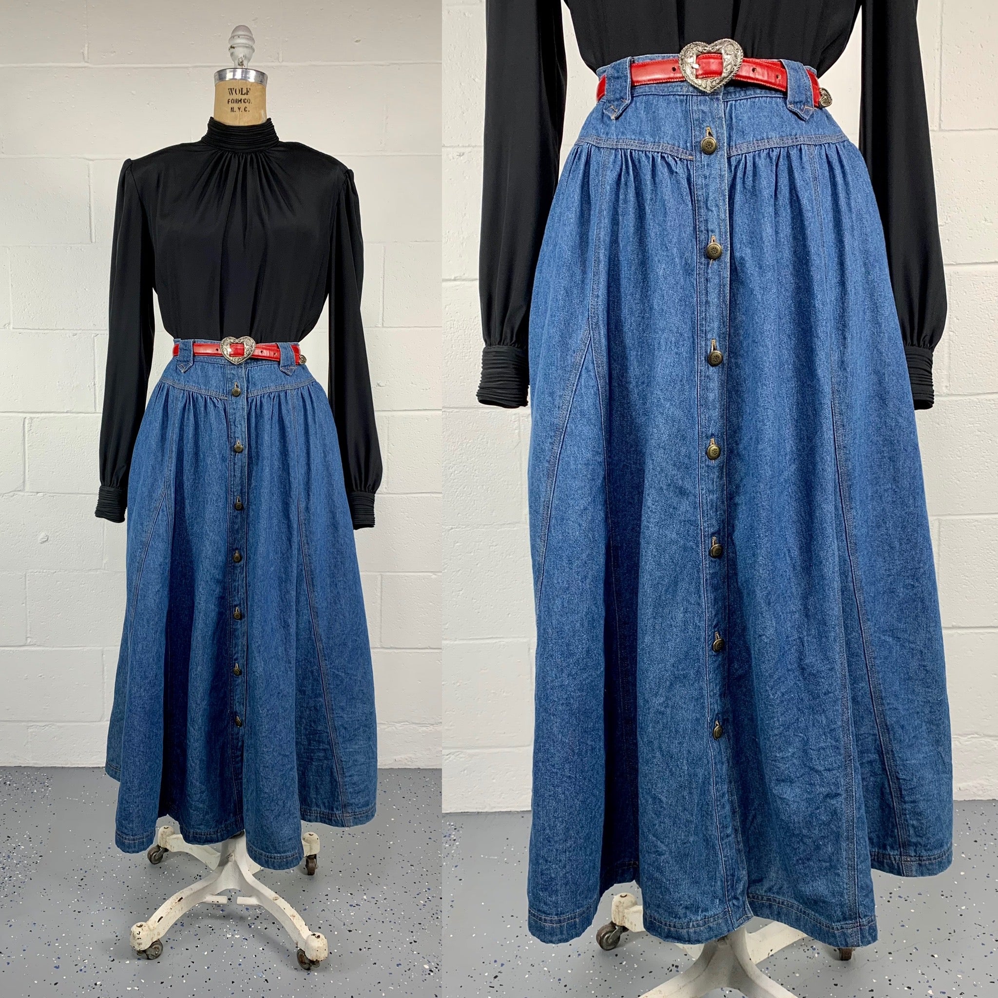 Vintage 80s Blue Denim Box Pleat Basque Waist Western Skirt By Chaus ...