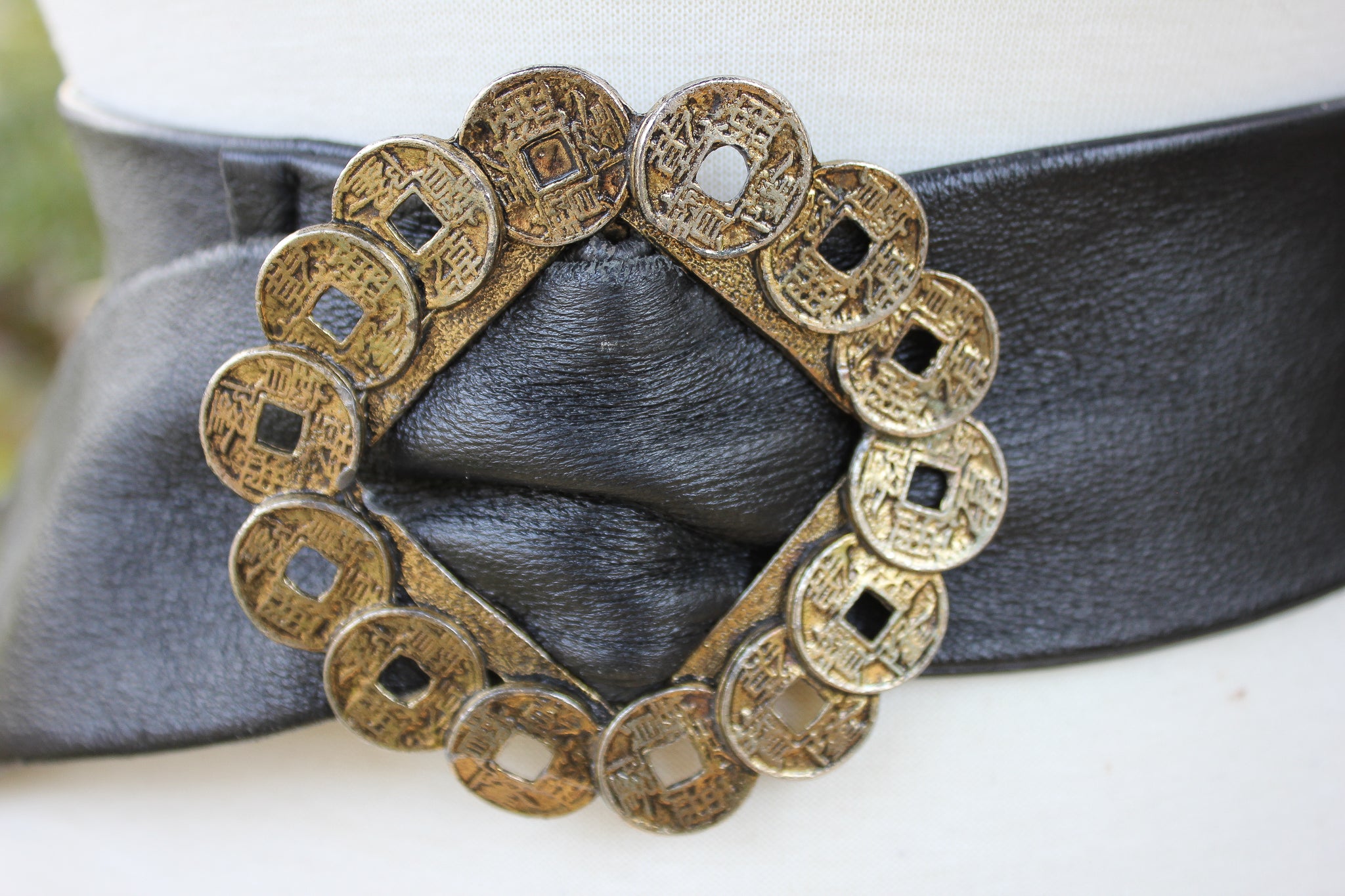 Vintage 70s Era Black Leather Belt With Asian Coin Buckle | Shop THRILLING