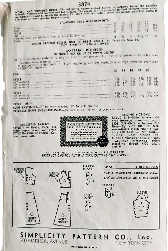 40s Original Vintage Day Dress Pattern #3974 Small By Simplicity | Shop ...