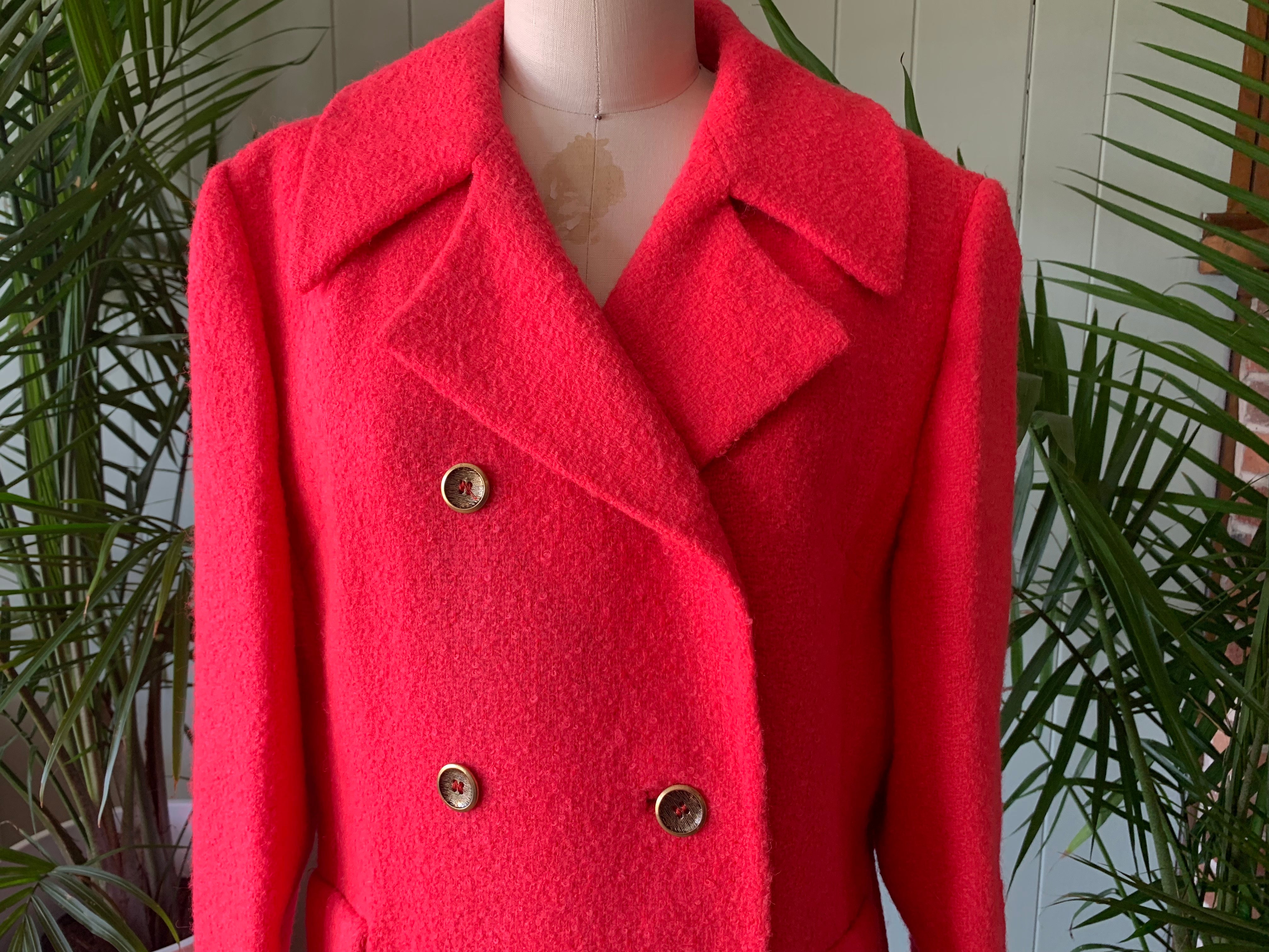 Vintage 70s Bright Coral Boucle Wool Double Breasted Coat By Fashioned ...