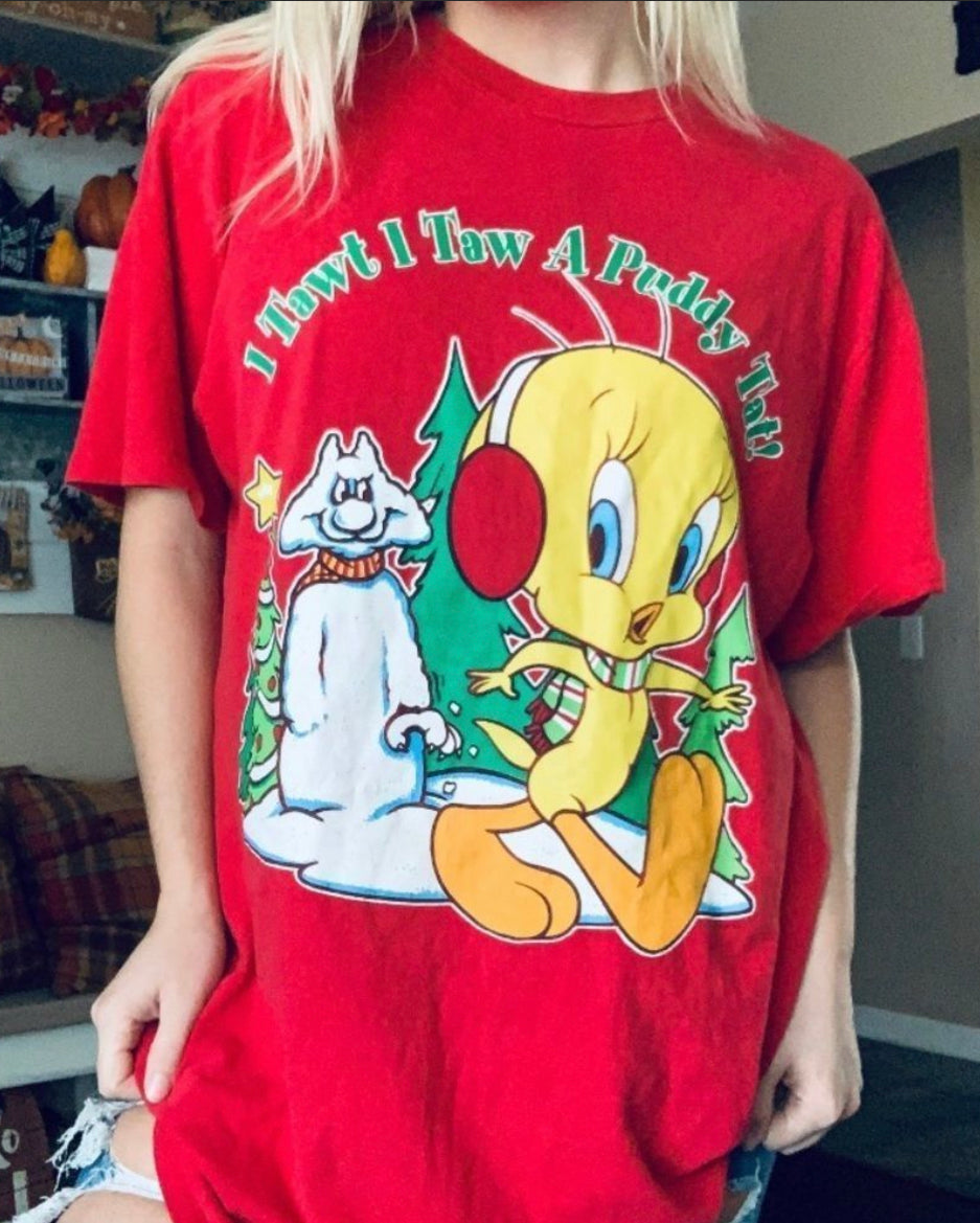 Vintage 90s 1996 One Size Tweety Bird Christmas Sleeper Tee By Looney ...