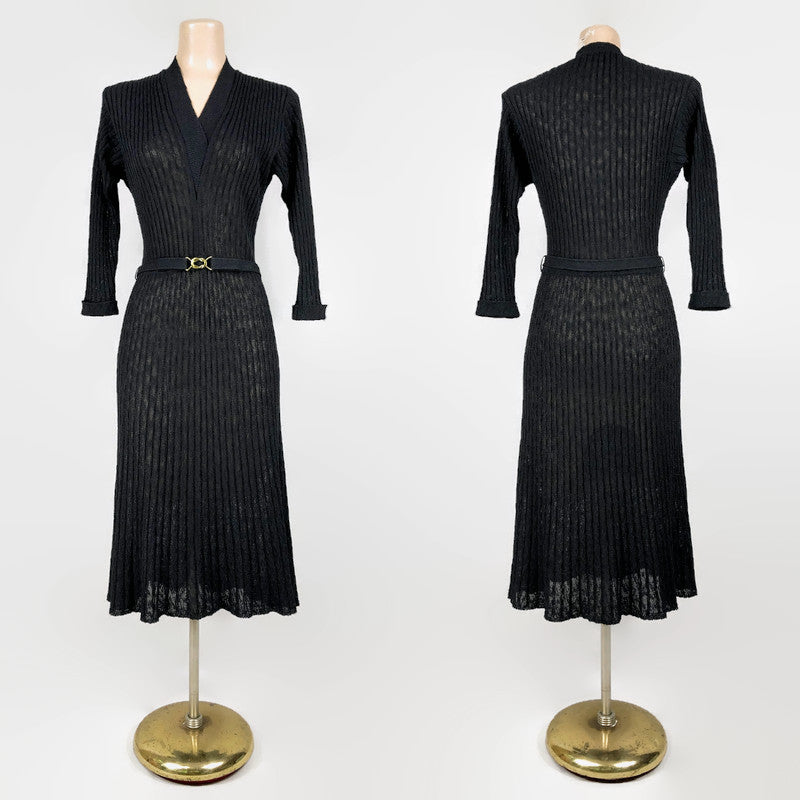 40s/50s Vintage Black Orlon Knit Belted Dress With Box By Kimberly Kni ...