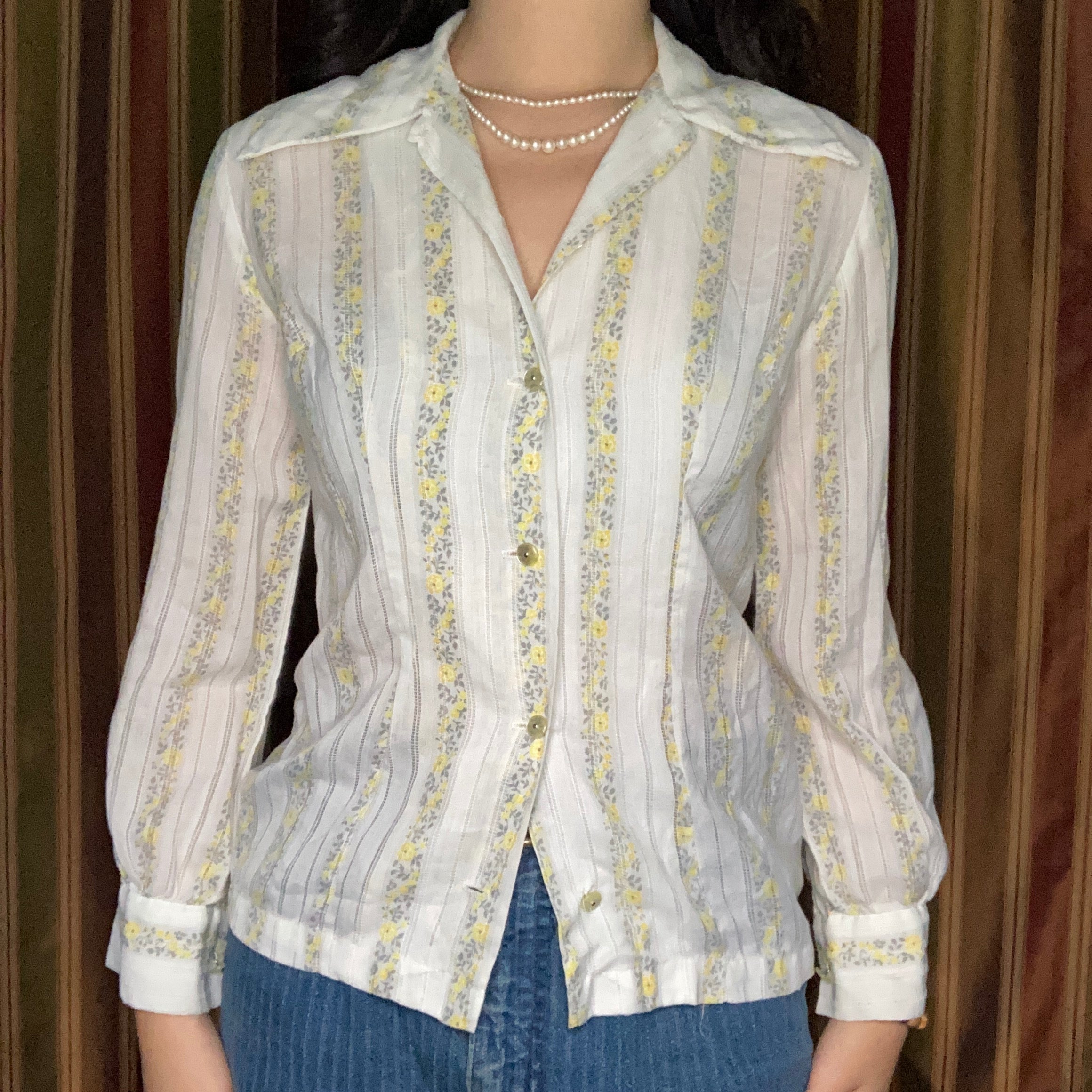 Vintage 60s/70s Floral Pinstripe Butterfly Collar Button Shirt By Russ ...