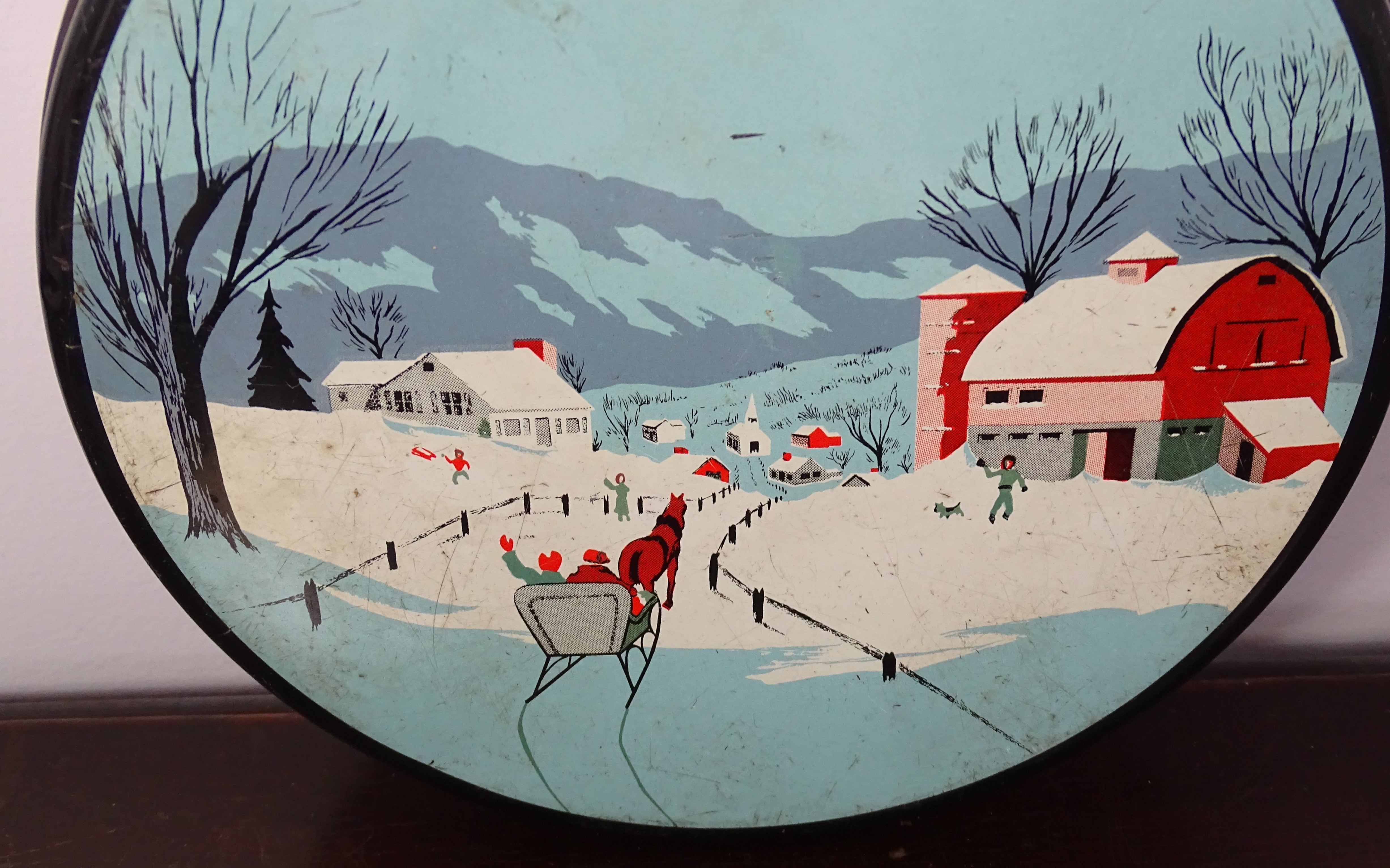 40s/50s Vintage Round Winter Cookie Tin Horse Sleigh Barn | Shop THRILLING
