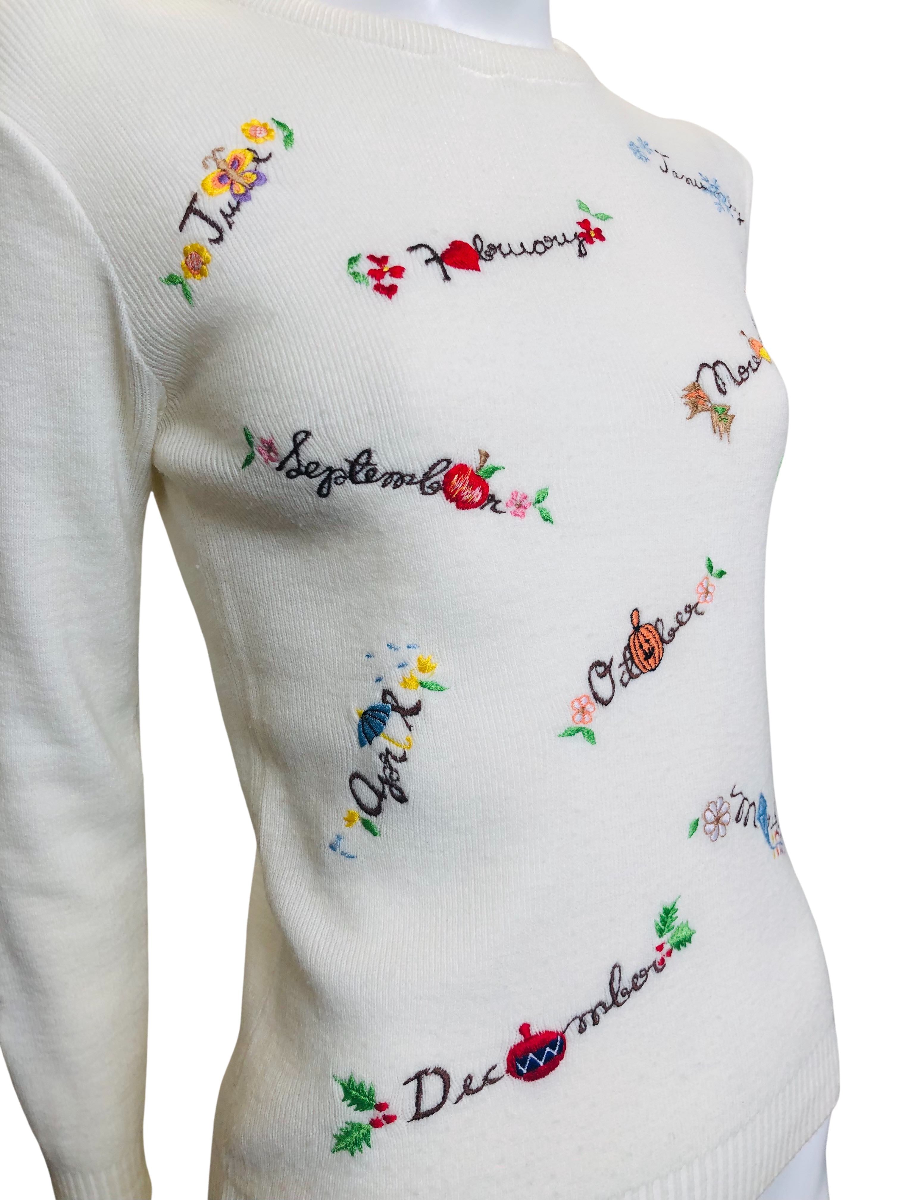 Vintage 80s I. Magnin Ivory Embroidered Calendar Sweater By Cyn Les ...