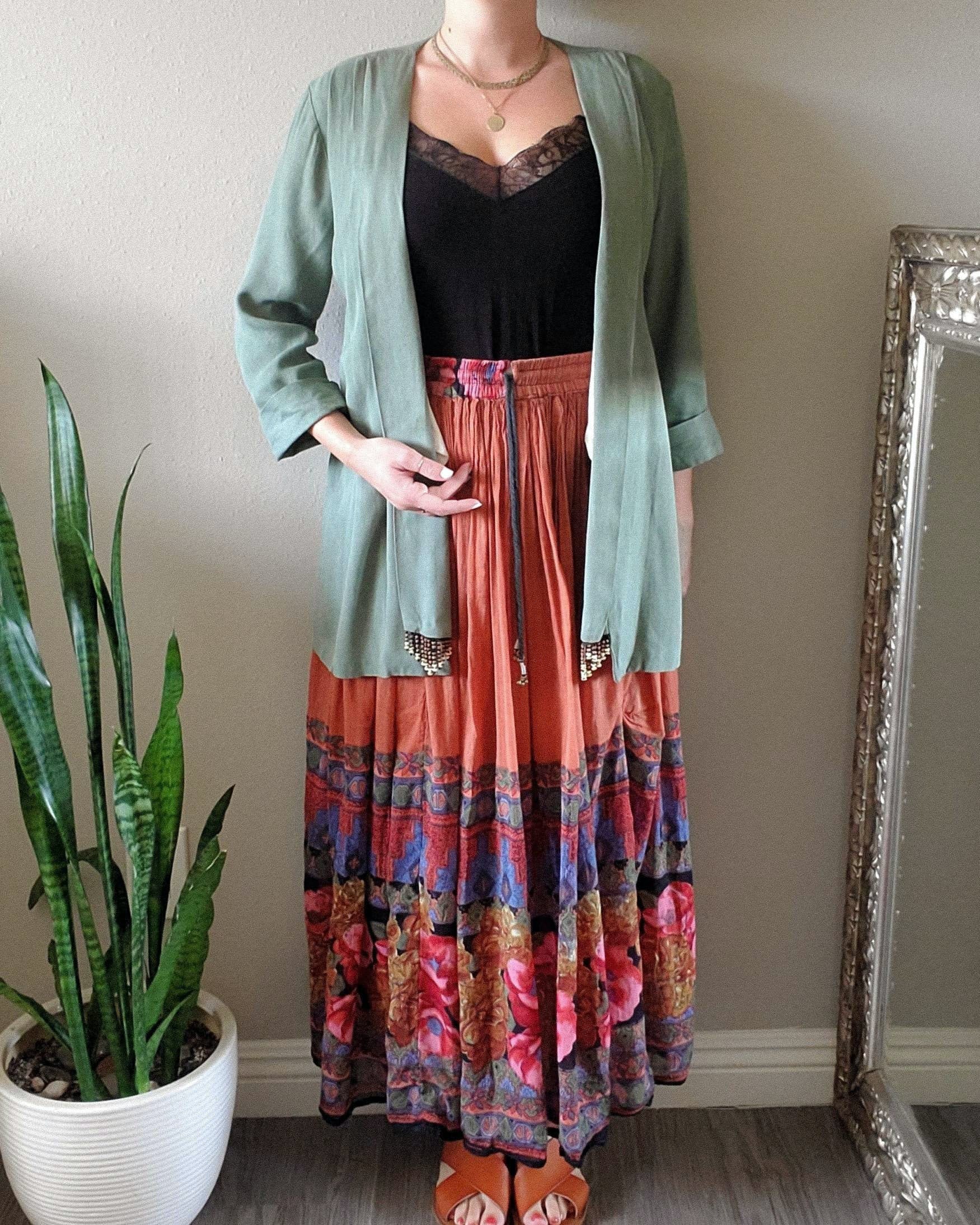Vintage 90s/00s Burnt Orange Boho Rose Print Maxi Broomstick Skirt ...