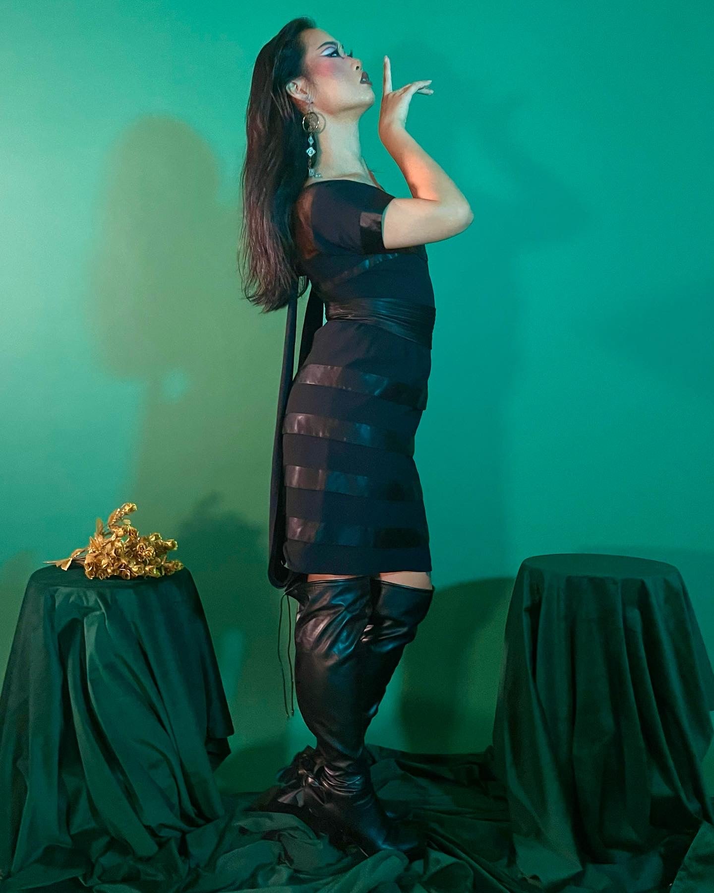 Vintage 50s/60s Black Pleated Satin Accent Winged Cocktail Dress By An ...