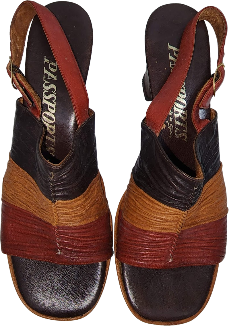 Vintage 60s/70s Brown Tricolor Leather Sandals Chunky Hi Heel 6.5 By ...