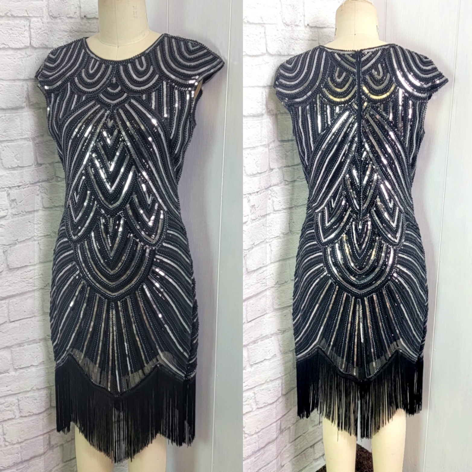 Vintage 90s/00s Black Silver Sequin Beaded Flapper Costume Dress | Shop ...