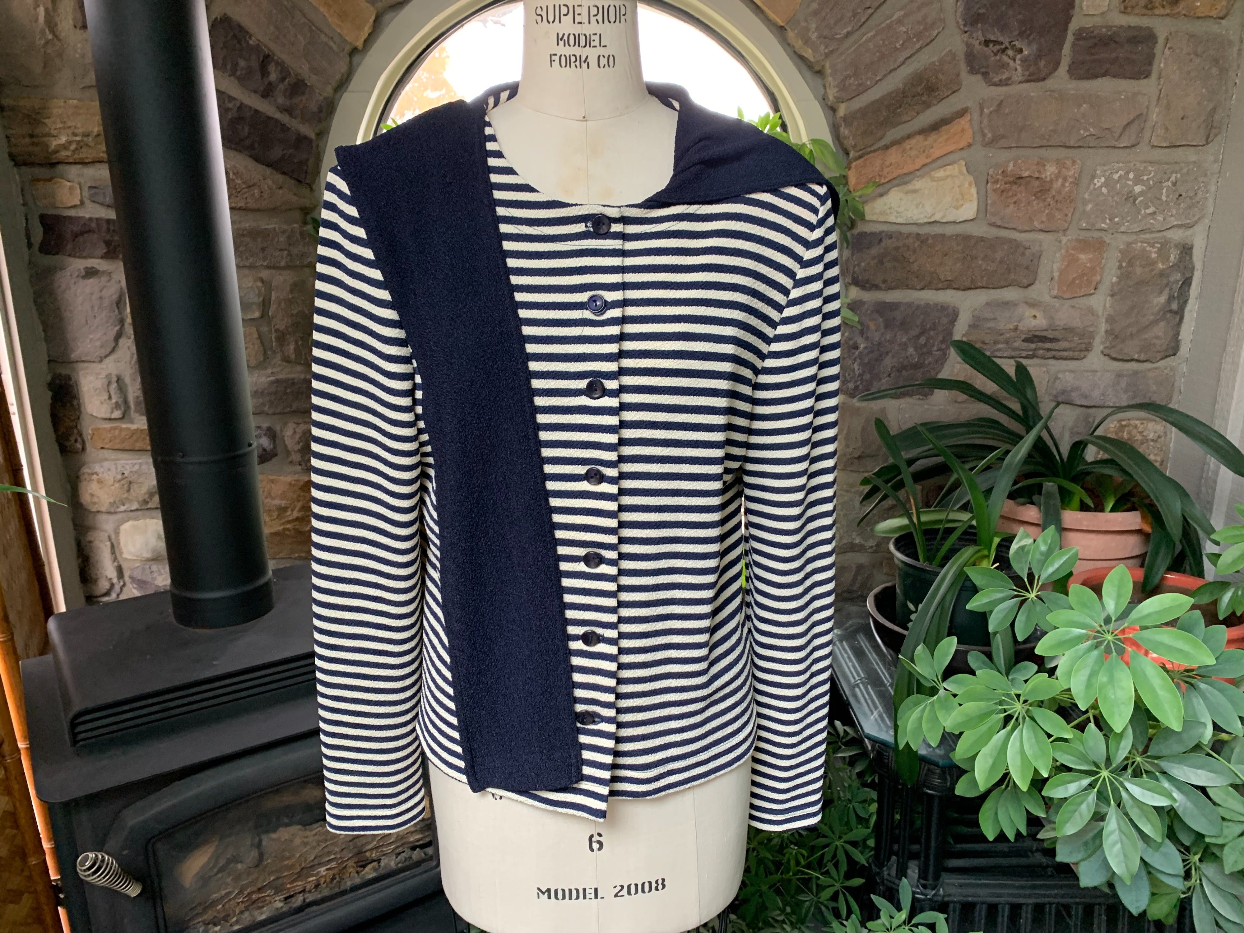Vintage 80’s Navy Blue Beige Striped Knit Sailor Jacket | Shop THRILLING