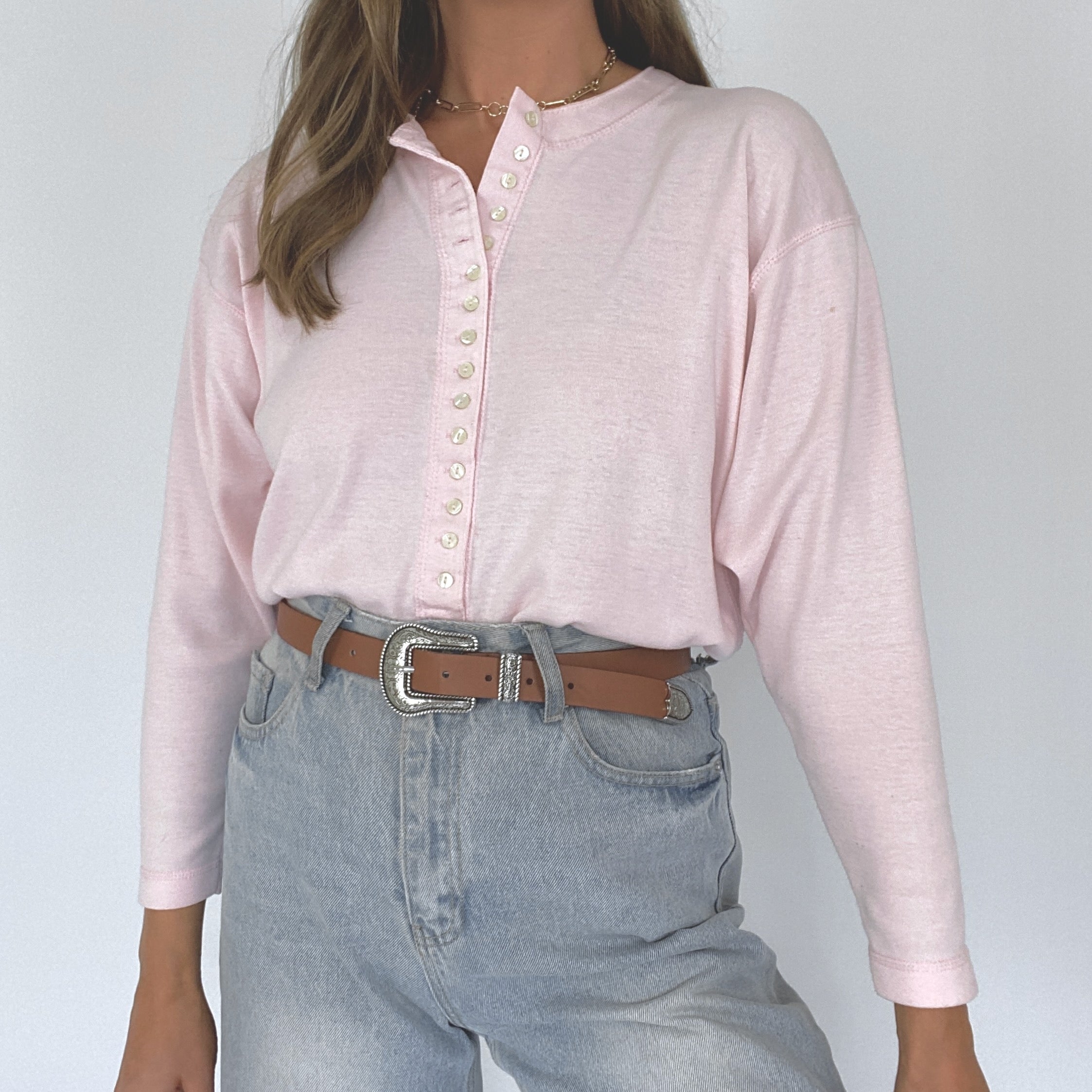Vintage 70s Pastel Pink Long Sleeve Henley | Shop THRILLING