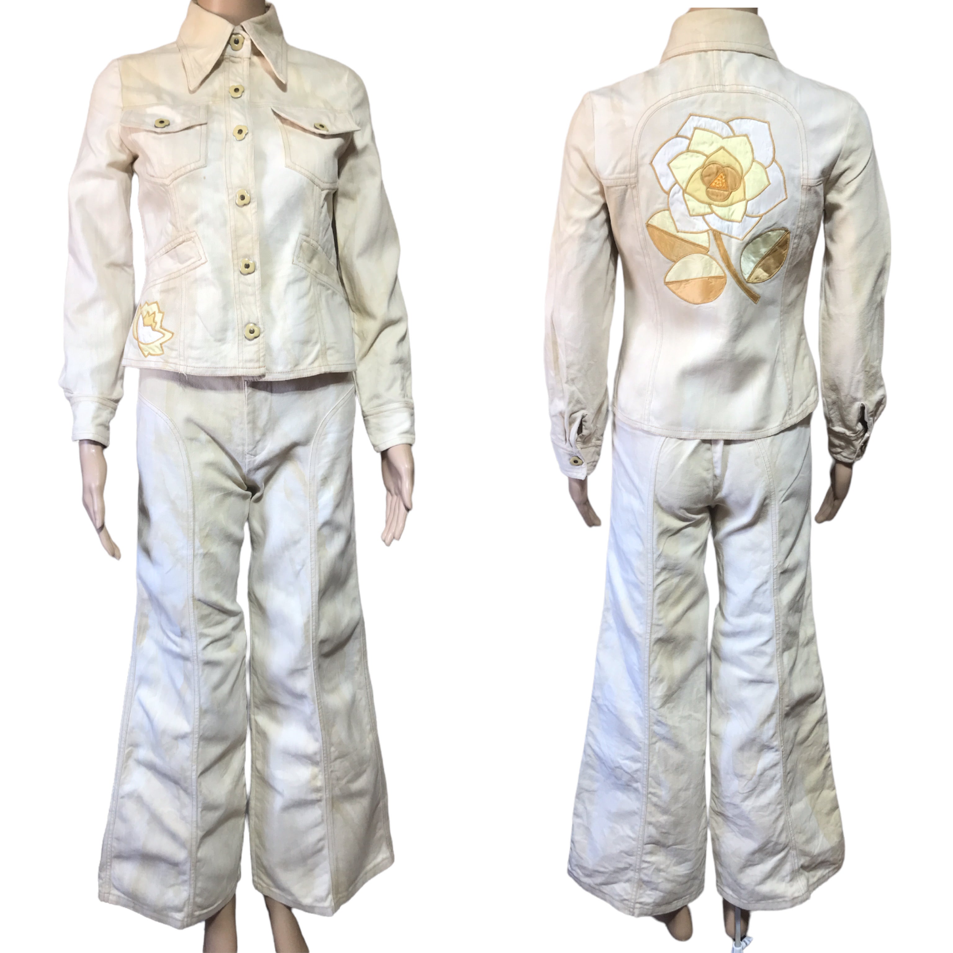 Vintage 60s/70s Cream And Tan Tie Dye Embroidered Denim Jacket By ...