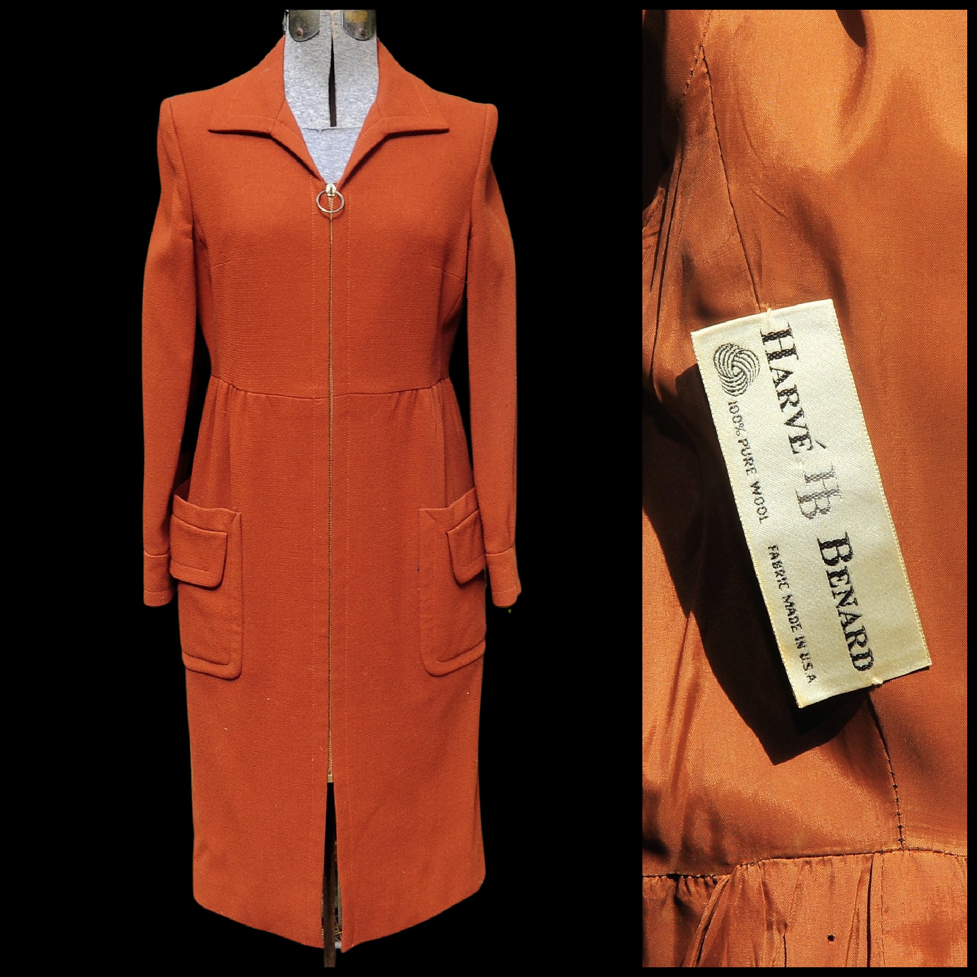 Vintage 60s Harve Benard Burnt Orange Wool Coat Dress Full Front Zippe ...