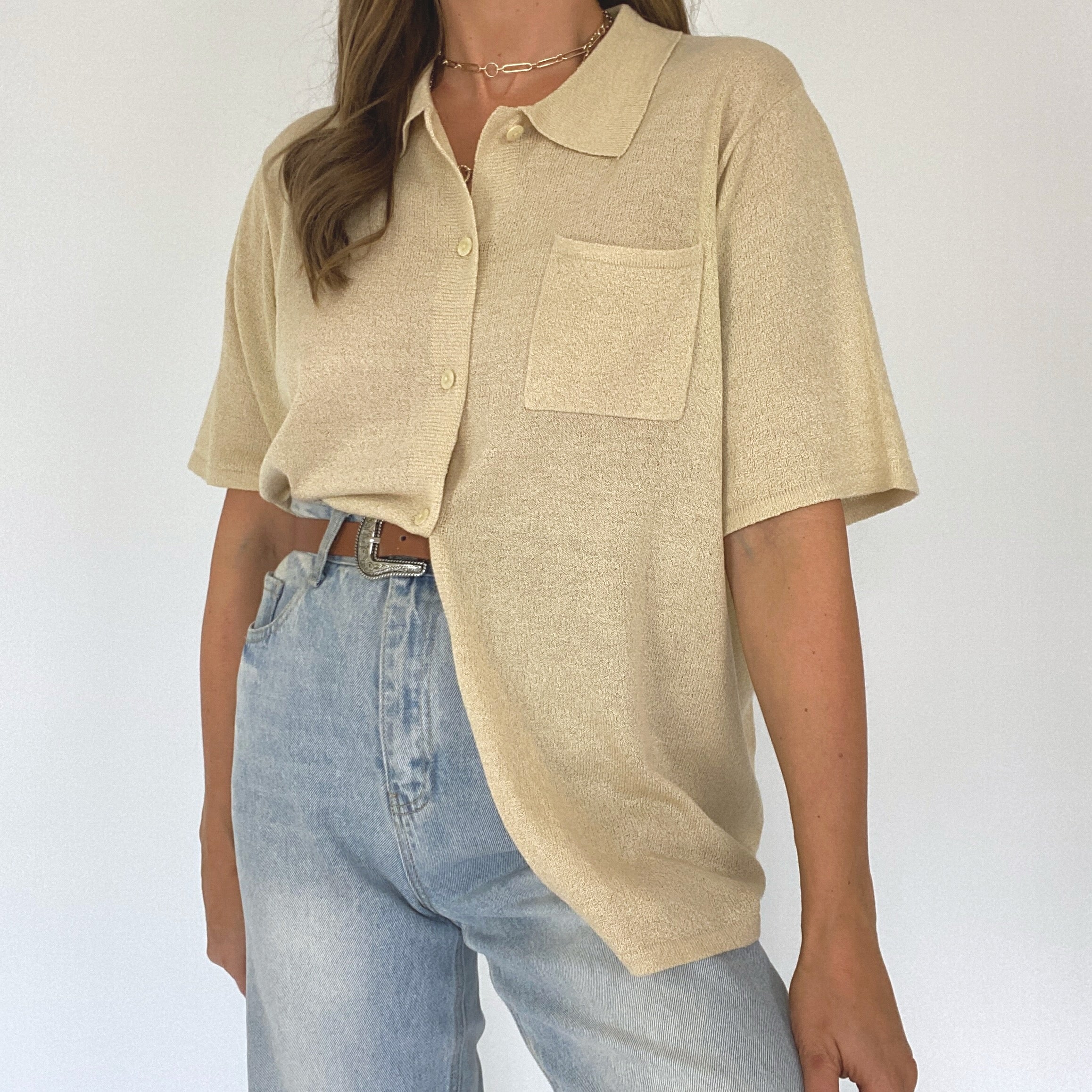 Vintage 90s Neutral Knit Short Sleeve Button Down | Shop THRILLING