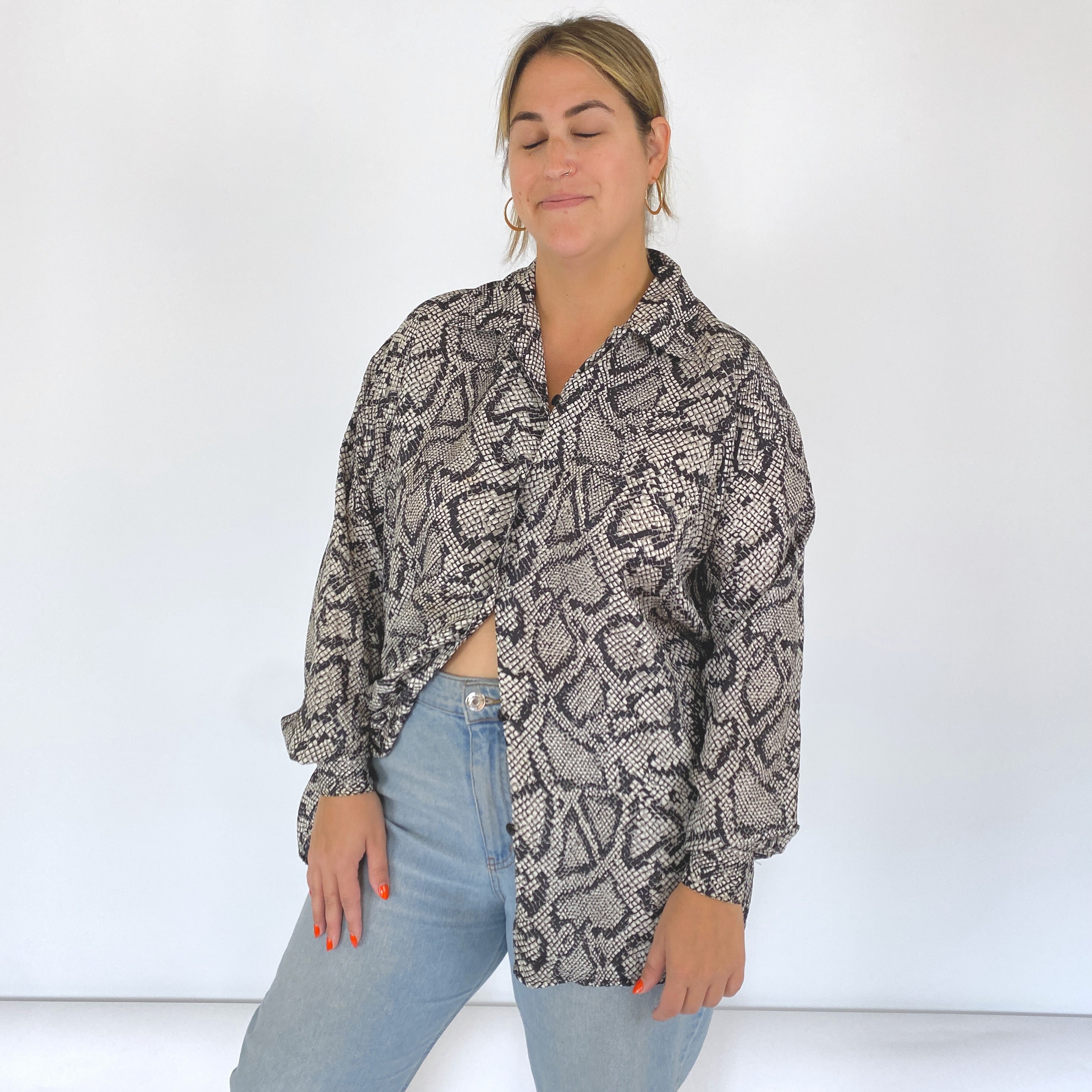 Vintage 80s Oversized Silk Snake Print Button Down Blouse | Shop THRILLING