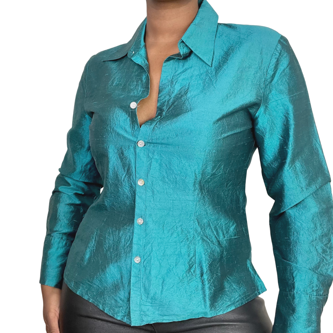 Vintage 90s Silk Teal Button Up Blouse By Worthington | Shop THRILLING