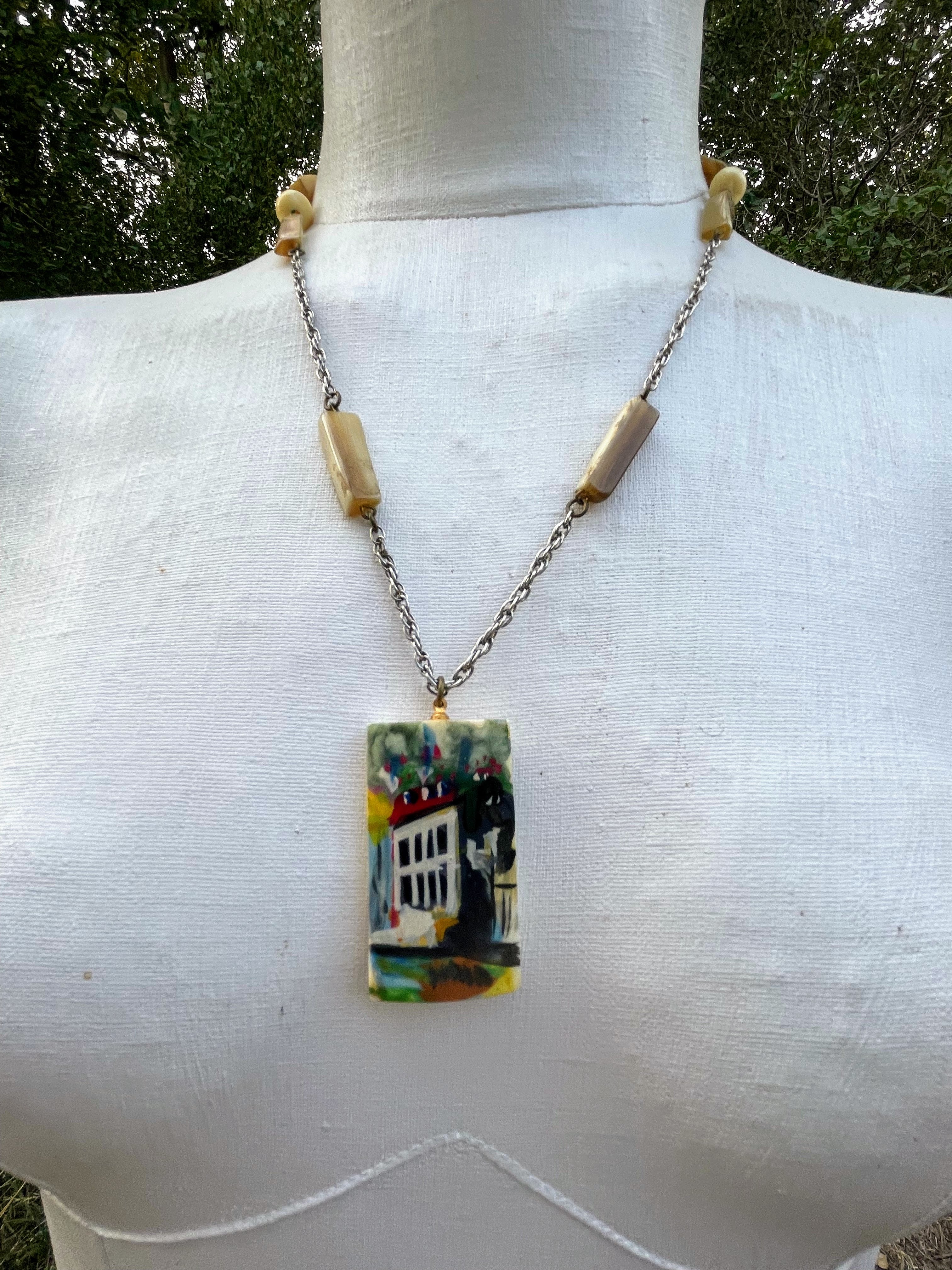 Vintage 80s Hand Painted City Scape Bone Pendant Horn Beads | Shop ...