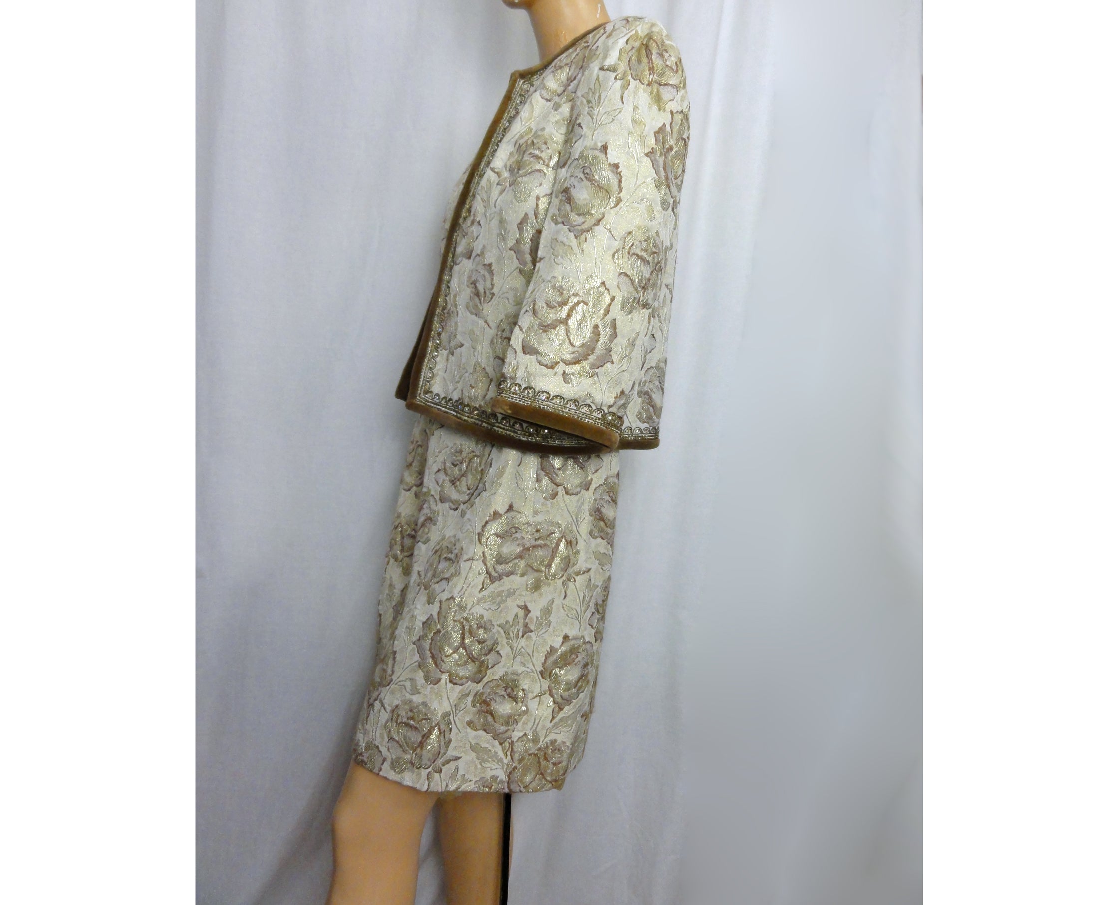 Vintage 60s Elegant Gold Brocade Dress And Beaded Boxy Jacket by Karen ...