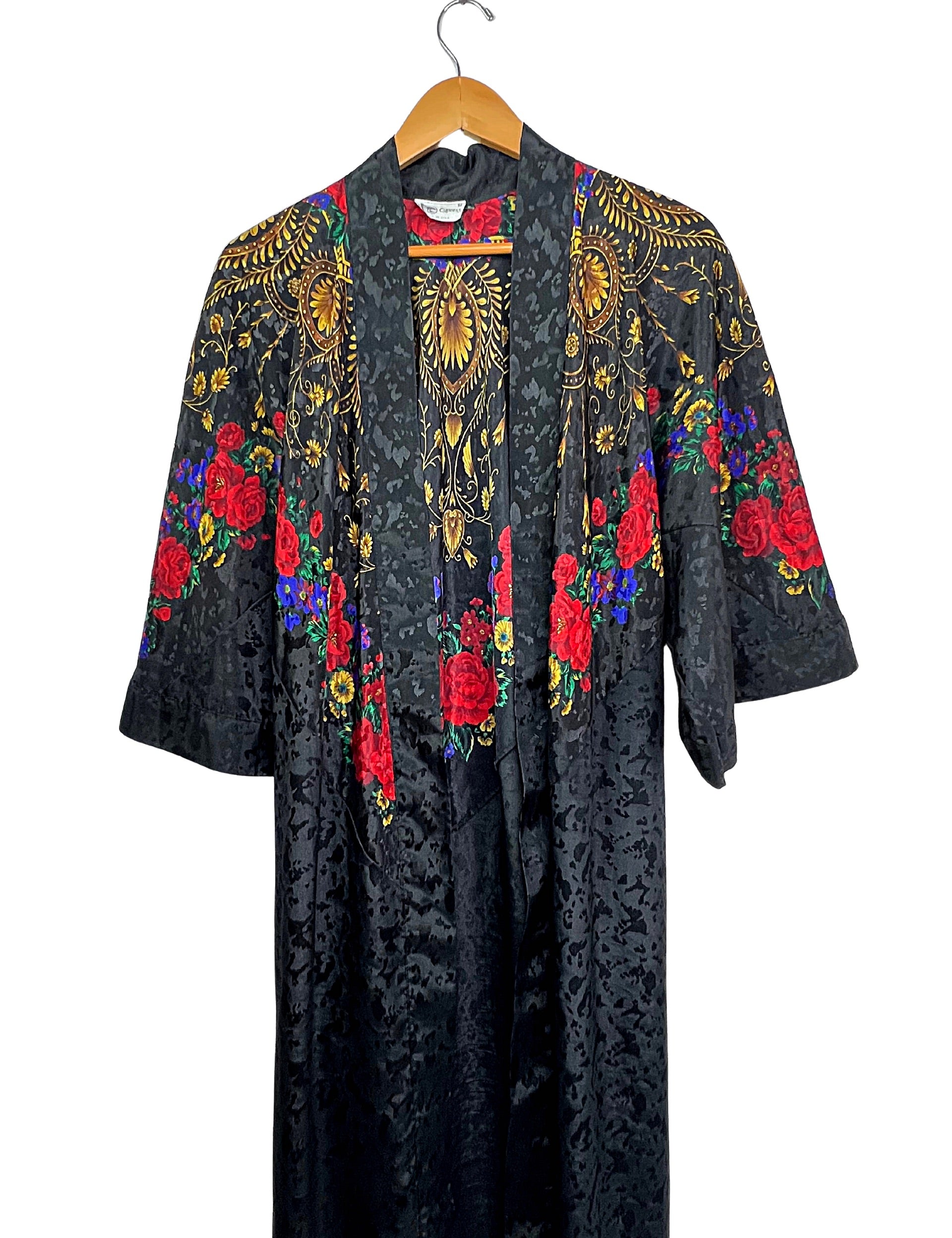 Vintage 80s Black Floral Silky Floor Length Bathrobe By Cypress | Shop ...