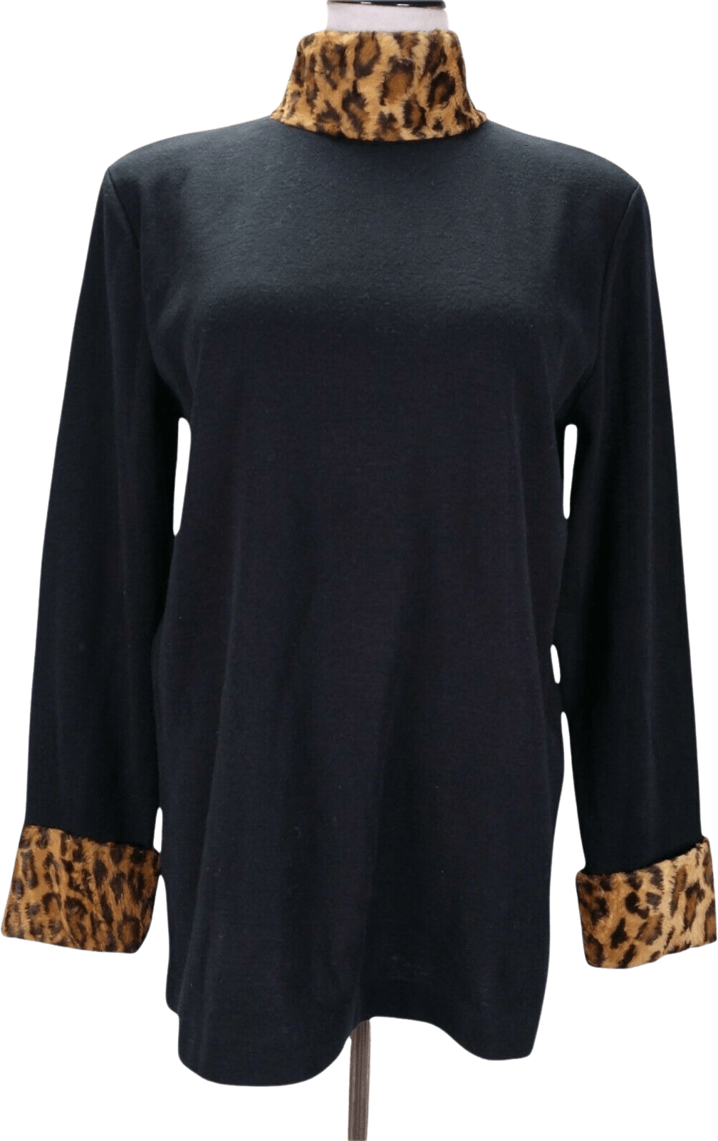 Vintage 80s Boxy Leopard Faux Fur Trim Knit Turtleneck Top By Outlander Collec | Shop THRILLING