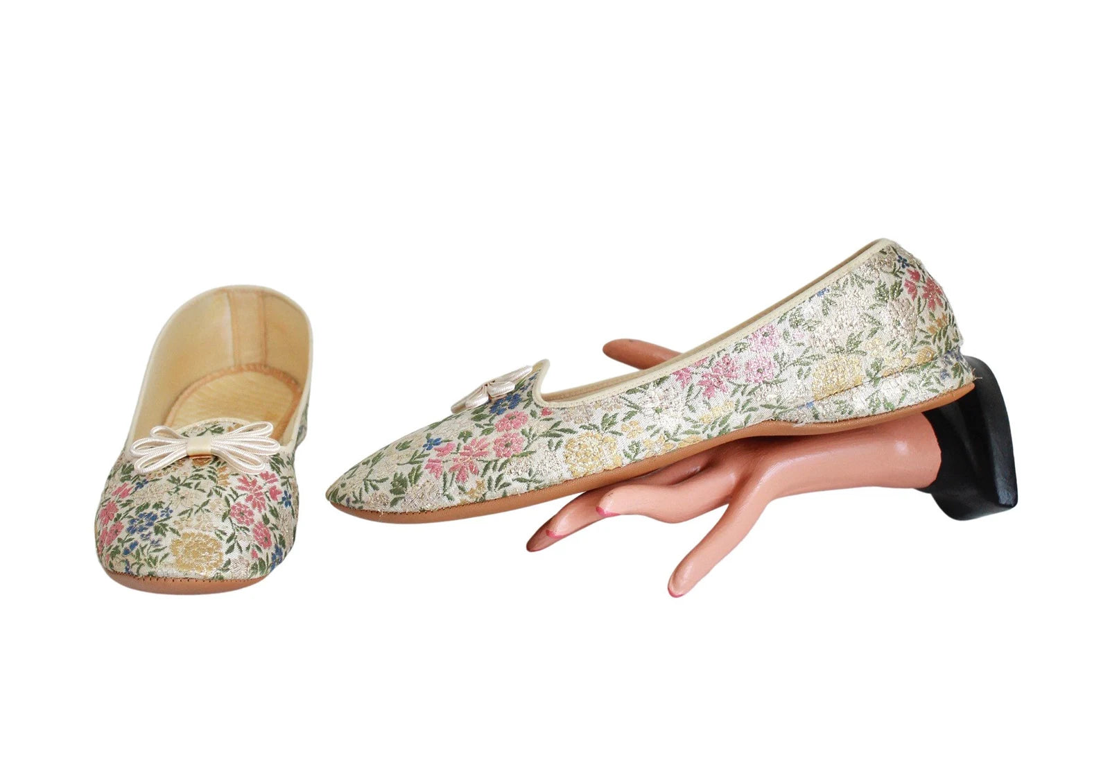 Vintage 50s/60s Mid Century Gold Floral Brocade Boudoir Slippers By ...