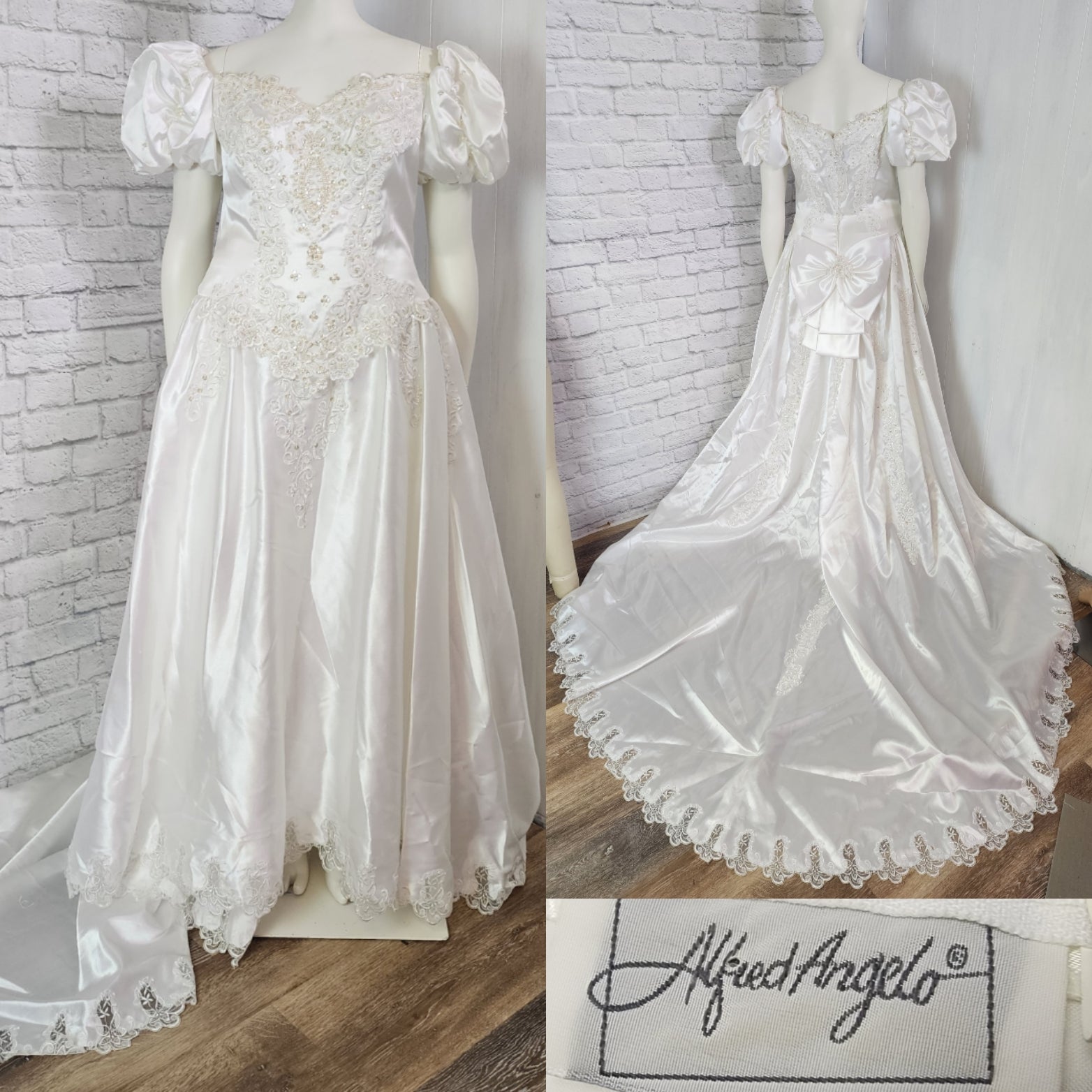 Vintage 80s/90s White Satin Lace Puff Sleeve Wedding Gown By Alfred ...