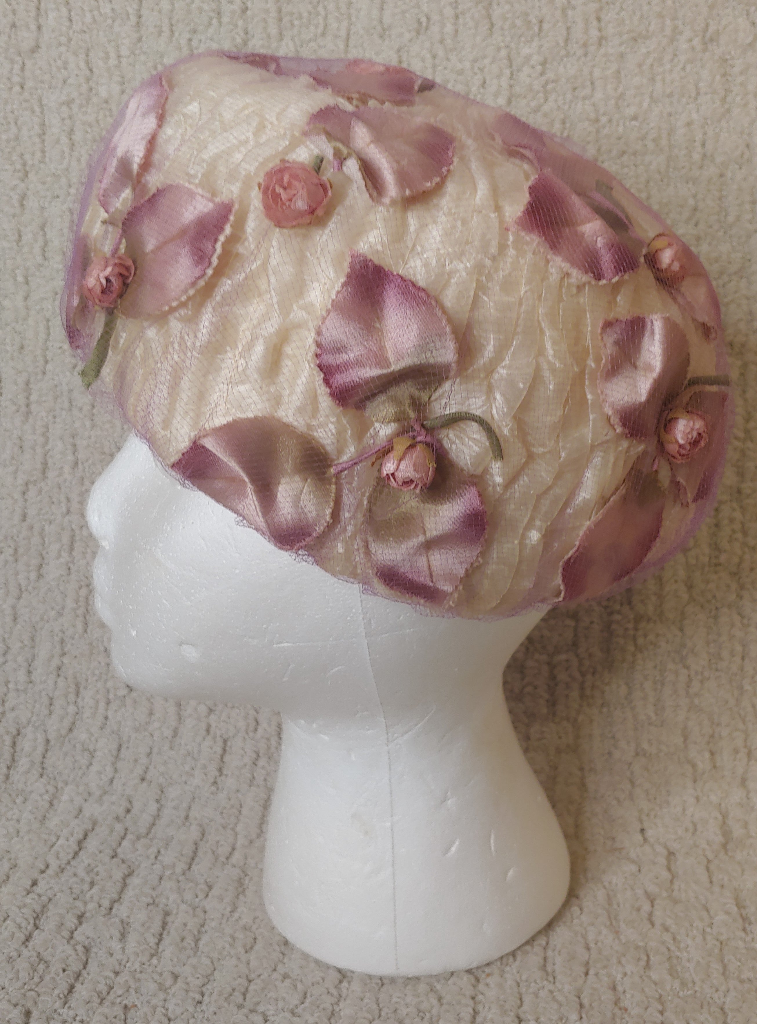 Vintage 50s/60s Creme Pink Purple Floral Pillbox Hat Netting By Replica ...