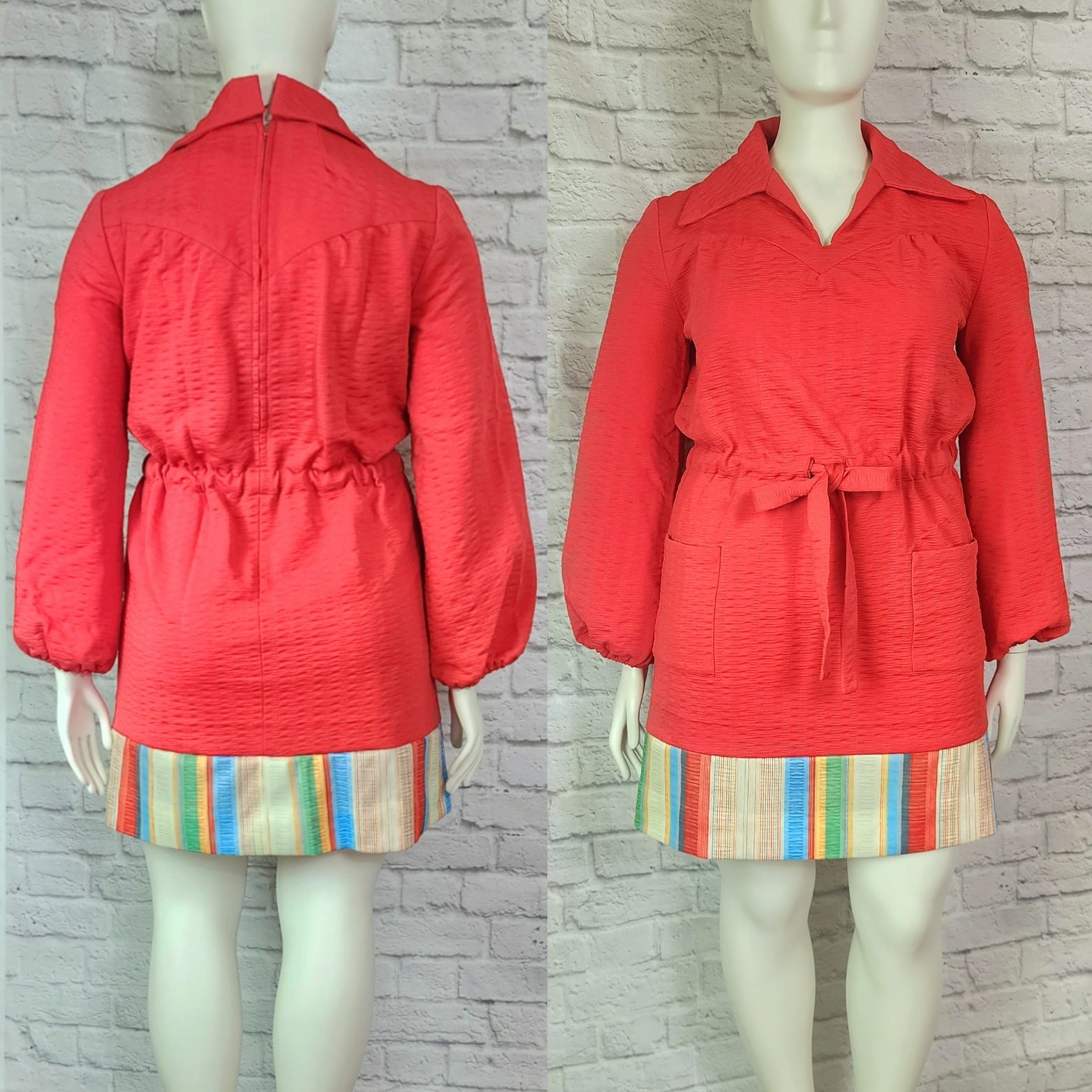 Vintage 70s Red Orange Textured Mini Dress Stripe Hem | Shop THRILLING