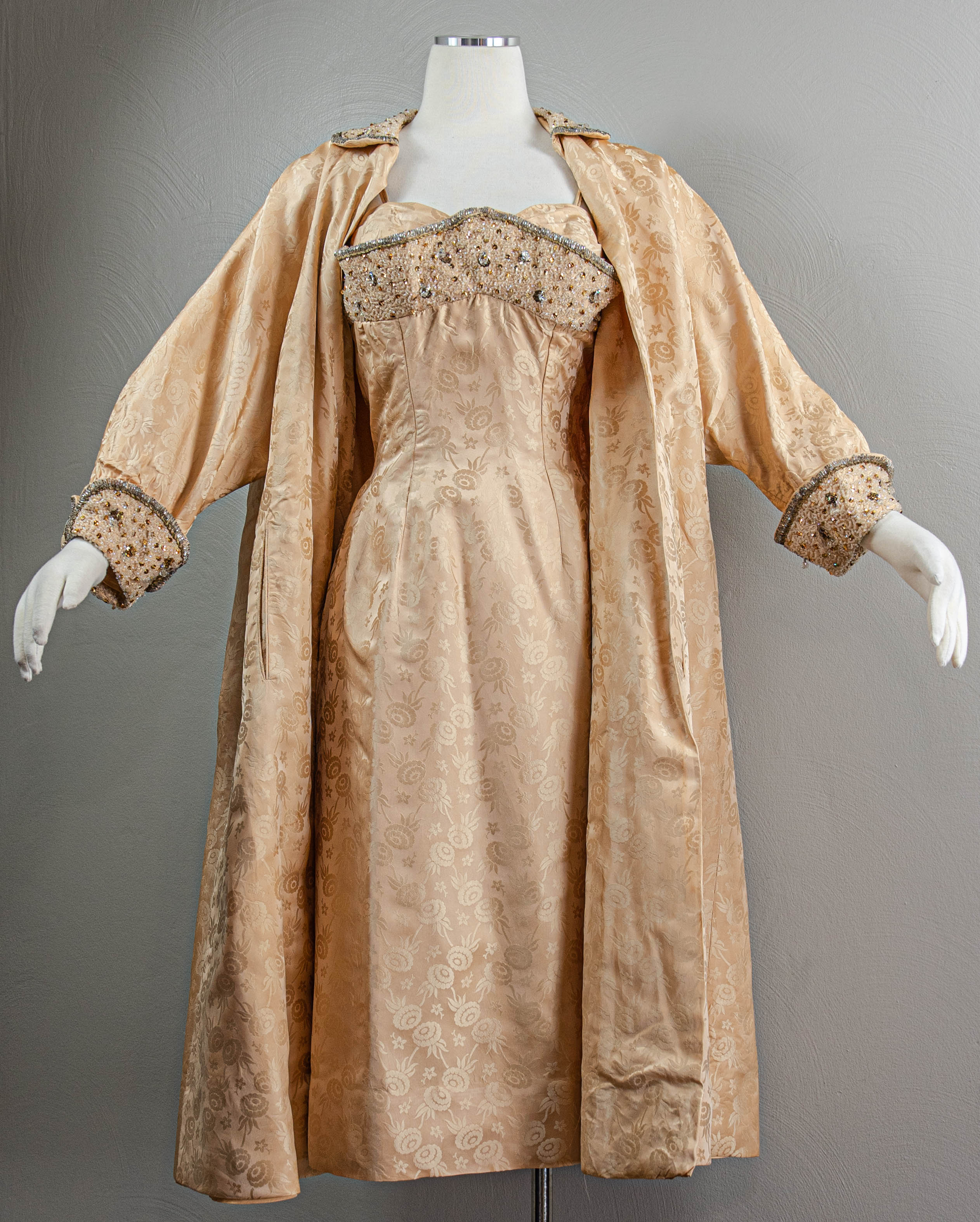 Vintage 50s/60s Timeless Bronze Satin Pencil Dress Set Swing Coat By ...