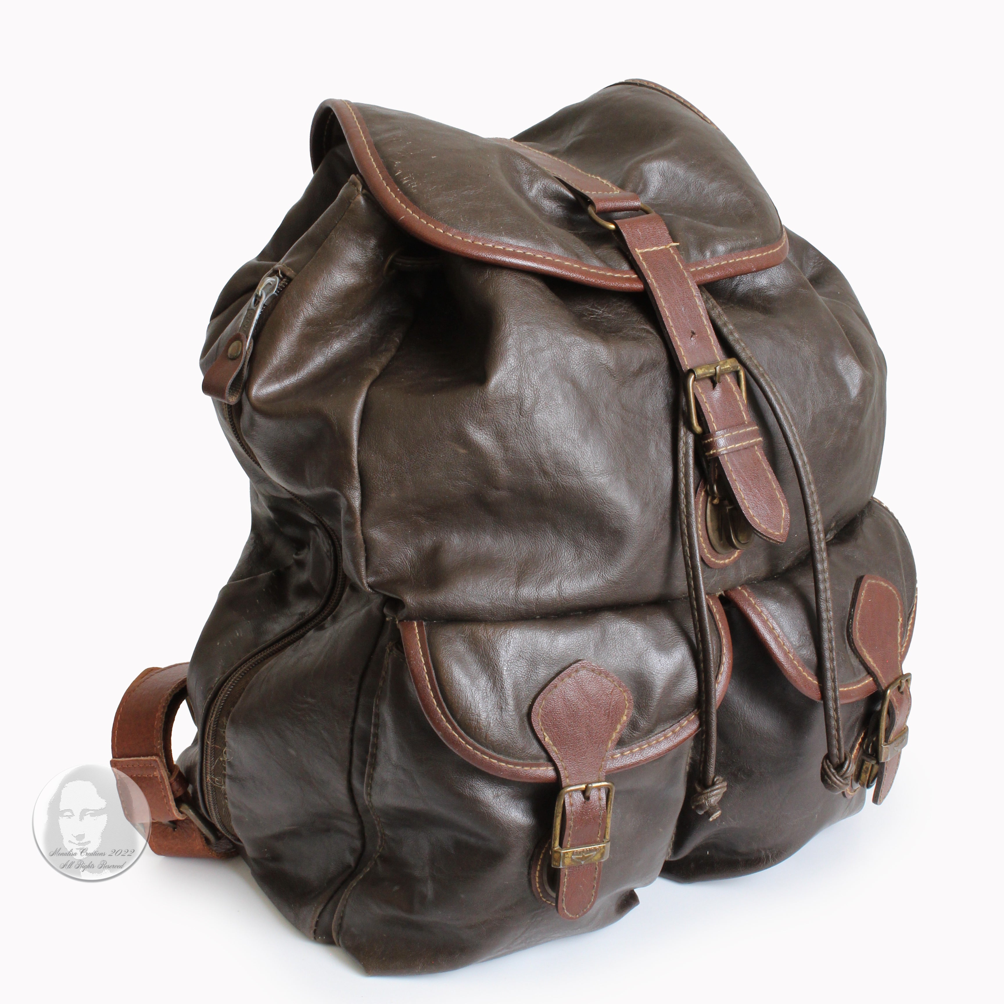 Vintage 80s Brown Backpack Leather Trim Rucksack Sling Bag By Capezio ...