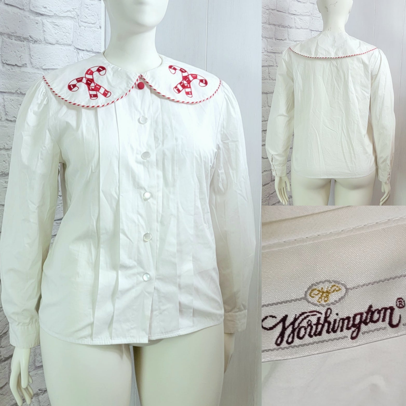 Vintage 80s/90s White Cotton Candy Cane Collar Christmas Blouse | Shop ...