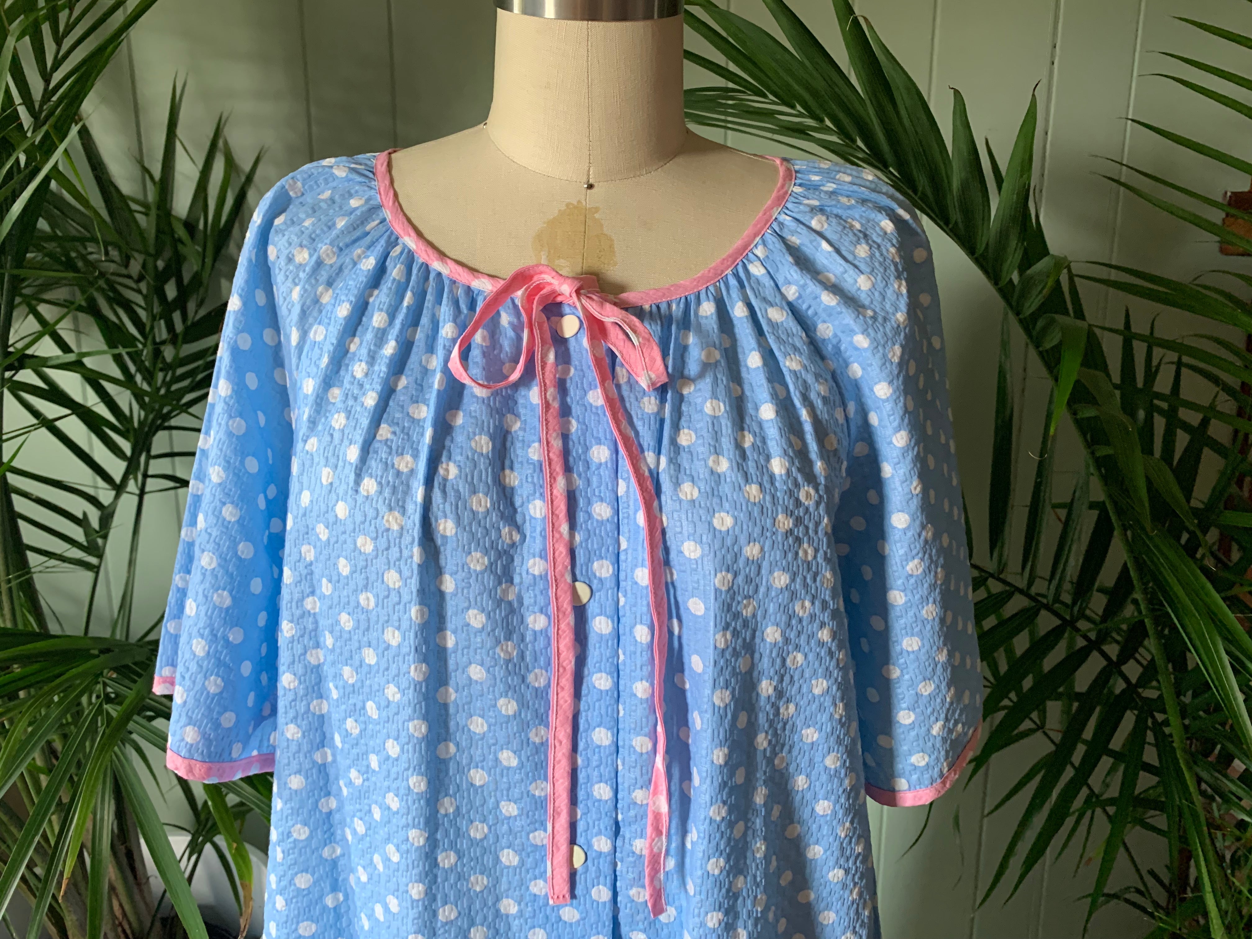 Vintage 80s Blue Pink Green White Polka Dot Snap Front Robe By Comfort ...