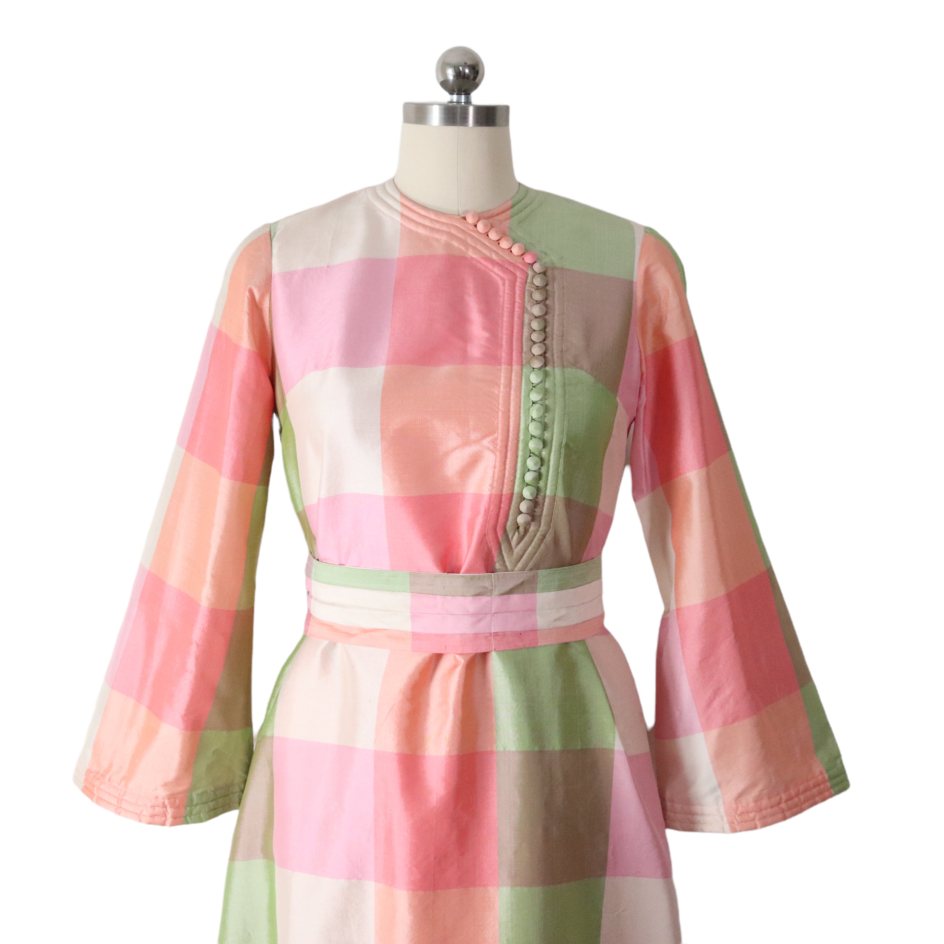 Vintage 70s Pastel Plaid 100% Thai Silk Bell Sleeve Maxi Dress By ...