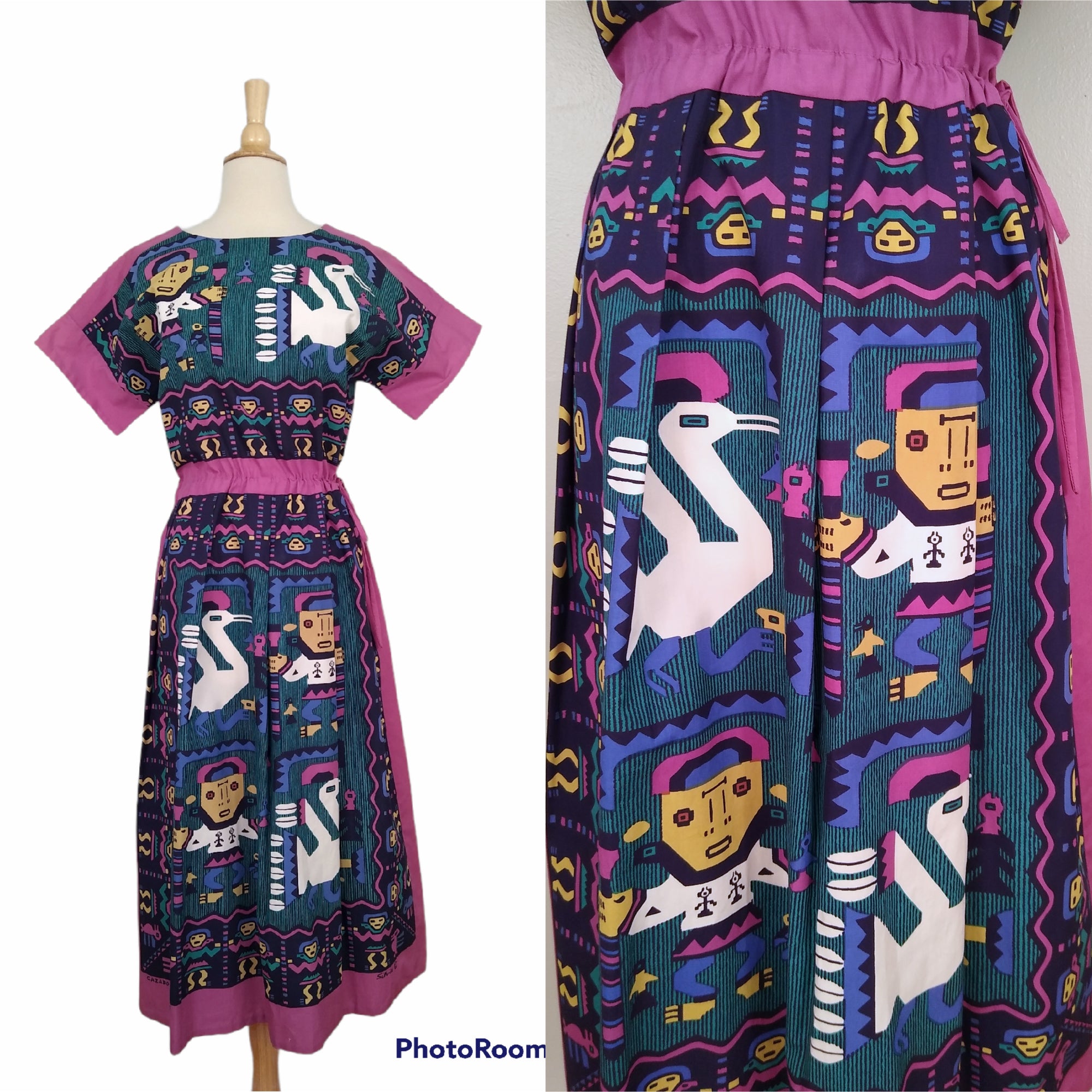 Vintage 70s Sylvia Cazadores De Garzas Novelty Print Dress By Silvania ...