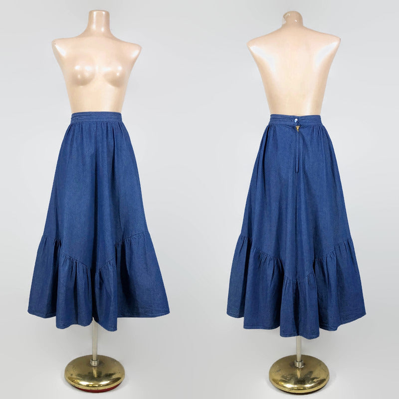 80s Vintage Long Full Denim Ruffle Hem Jean Skirt By Kayo of Californi ...