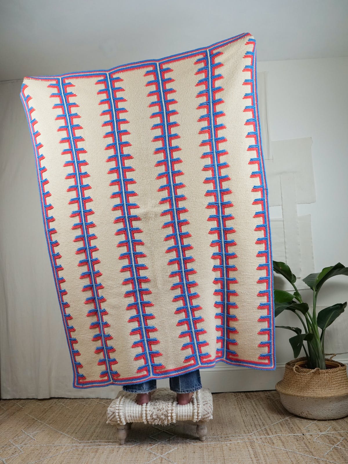 Vintage 70s Handknit Unique Pink Football Blue Stitch Blanket | Shop ...